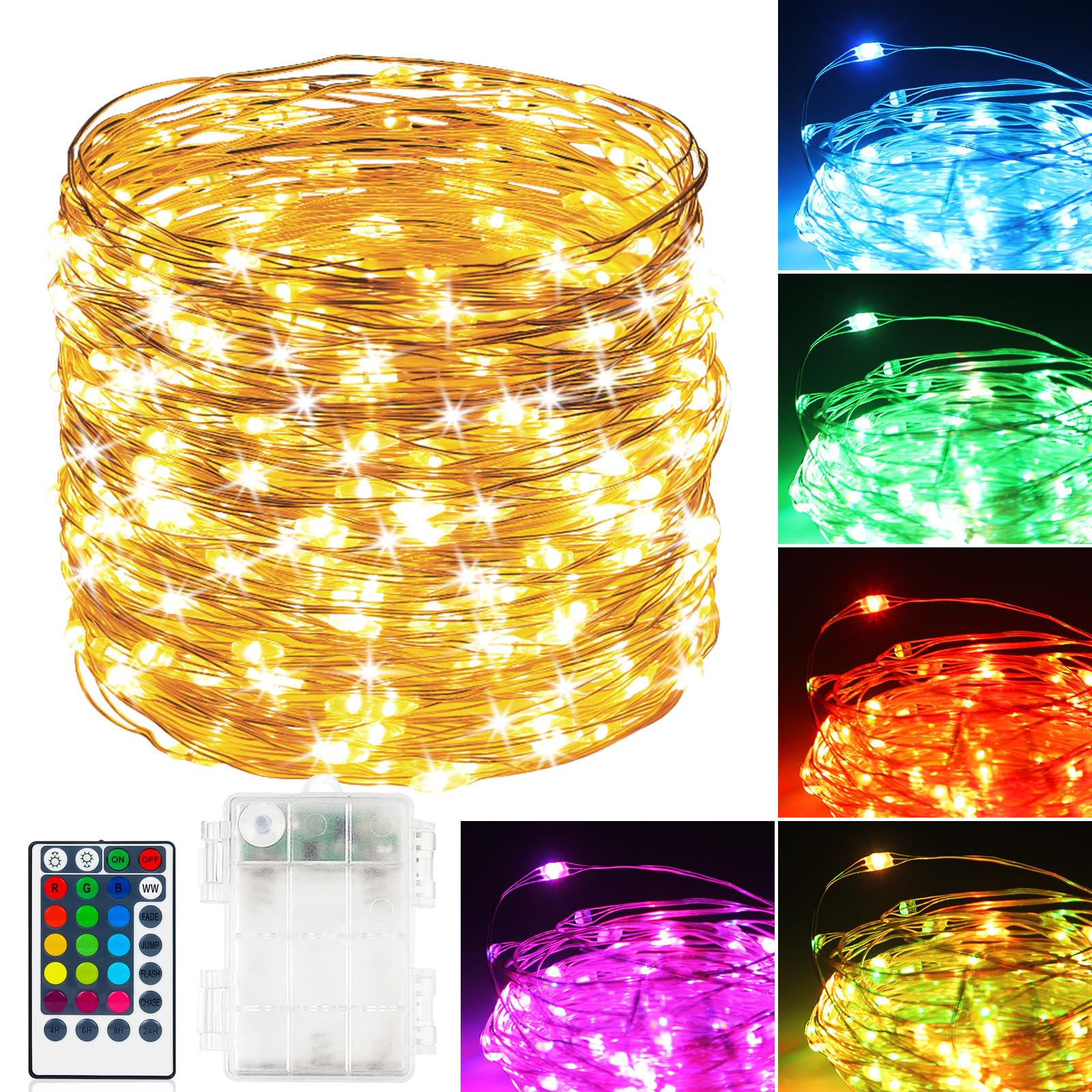 39Ft 120 LED Fairy Lights Battery Operated, RGB Color Changing String Lights with Remote, Timer - Battery Powered Fairy Lights for Bedroom Party, Twinkle Lights for Indoor Outdoor Christmas Decoration
