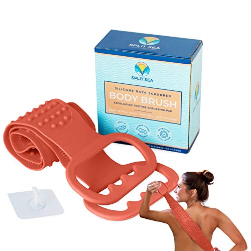 Back Scrubber for Shower, Silicone Bath Body Brush Cleanses, Exfoliates & Massages Dual-Sided Easy to Clean High Quality Premium Invigorate Skin, Improve Acne & Bathe SplitSea (27.5 Inch, Sunset Red)