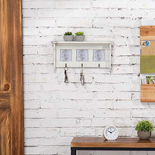 MyGift 16-Inch Wall-Mounted Vintage White Wood Entryway Display Shelf with 3 x 3 Picture Frames & Key Hooks