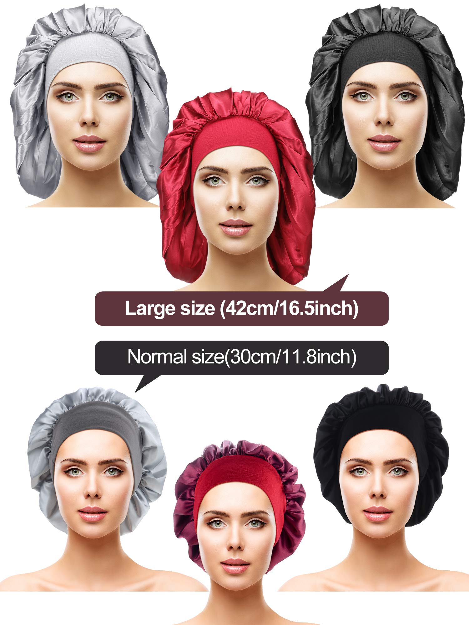 3 Pieces Satin Sleep Cap Elastic Wide Band Hat Night Sleeping Head Cover for Good Sleeping (Silver, Black, Wine Red, Medium)
