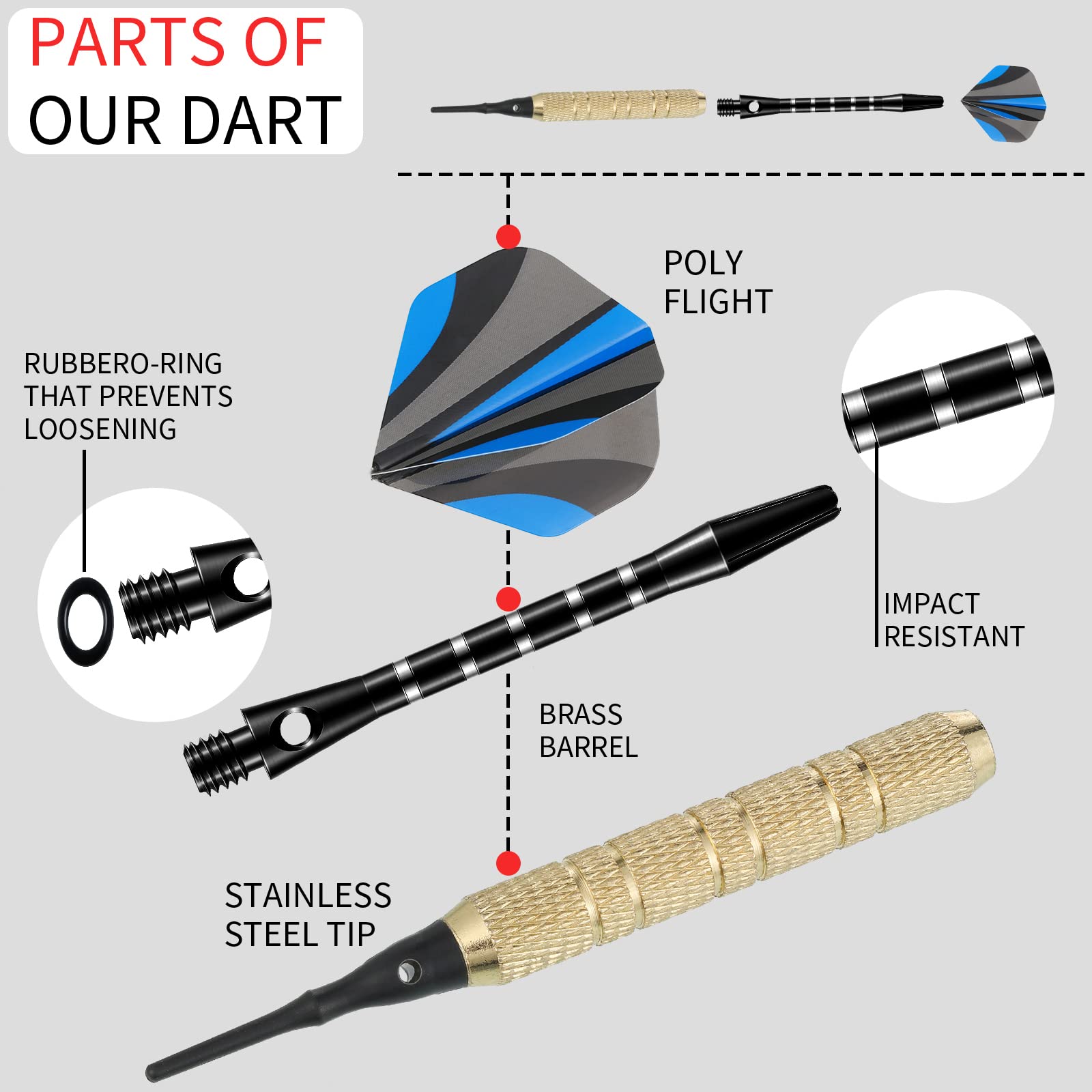 30 Pcs Medium Dart Shafts for Soft and Steel Tips 2BA Thread Aluminium Alloy Dart Stems 50 mm 53 mm with Rubber Rings Replacement Harrows Dart Accessories and Flights