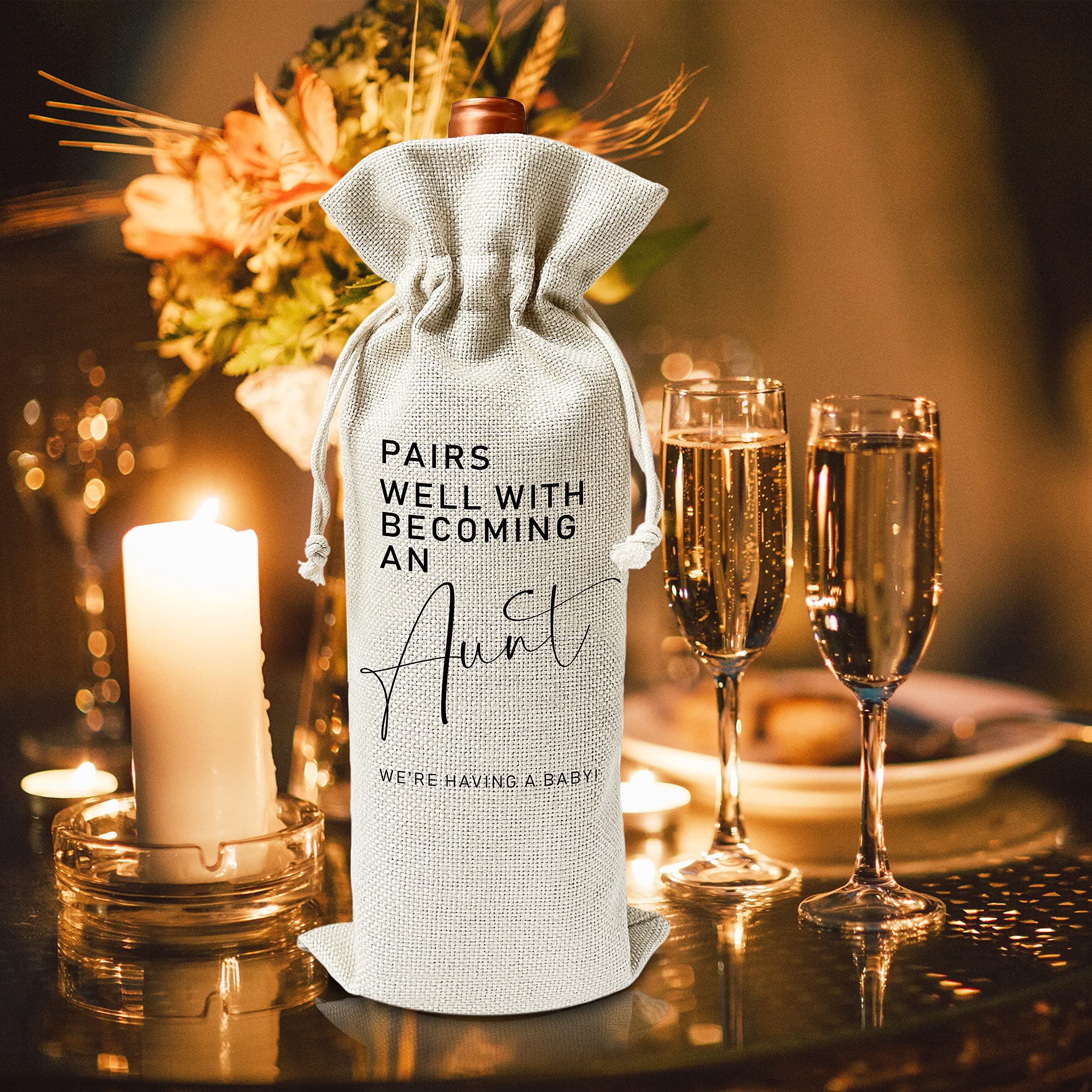 Pregnancy Announcement Wine Gift Bags - Gift for Auntie, Becoming an Aunt, Sister - Reusable Burlap With Drawstring Gift Bag (5.5"x 13.5")-1 Pcs/jiu012