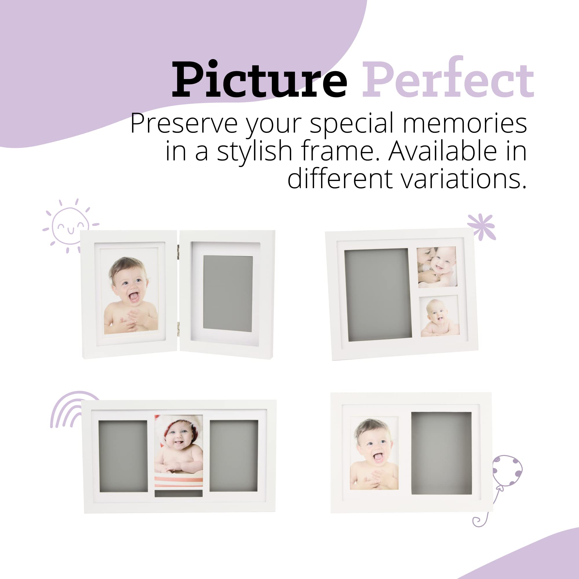 PLUSHIBLE Baby Handprint Footprint Keepsake Kit – Personalized Casting Kit with Picture Frame, Ideal for New Moms, Grandmas, and Baby Registries, White Hinge Frame