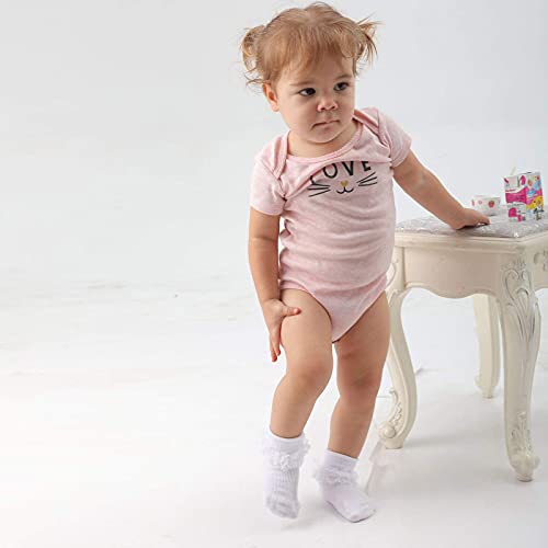 Mini angel Baby Lace Socks Newborn Girls Triple Lace Ruffle Frilly Socks Soft Cotton Turn Cuff Socks with Box Gift Set,3 Pairs,White/Pink,0-6 Months
