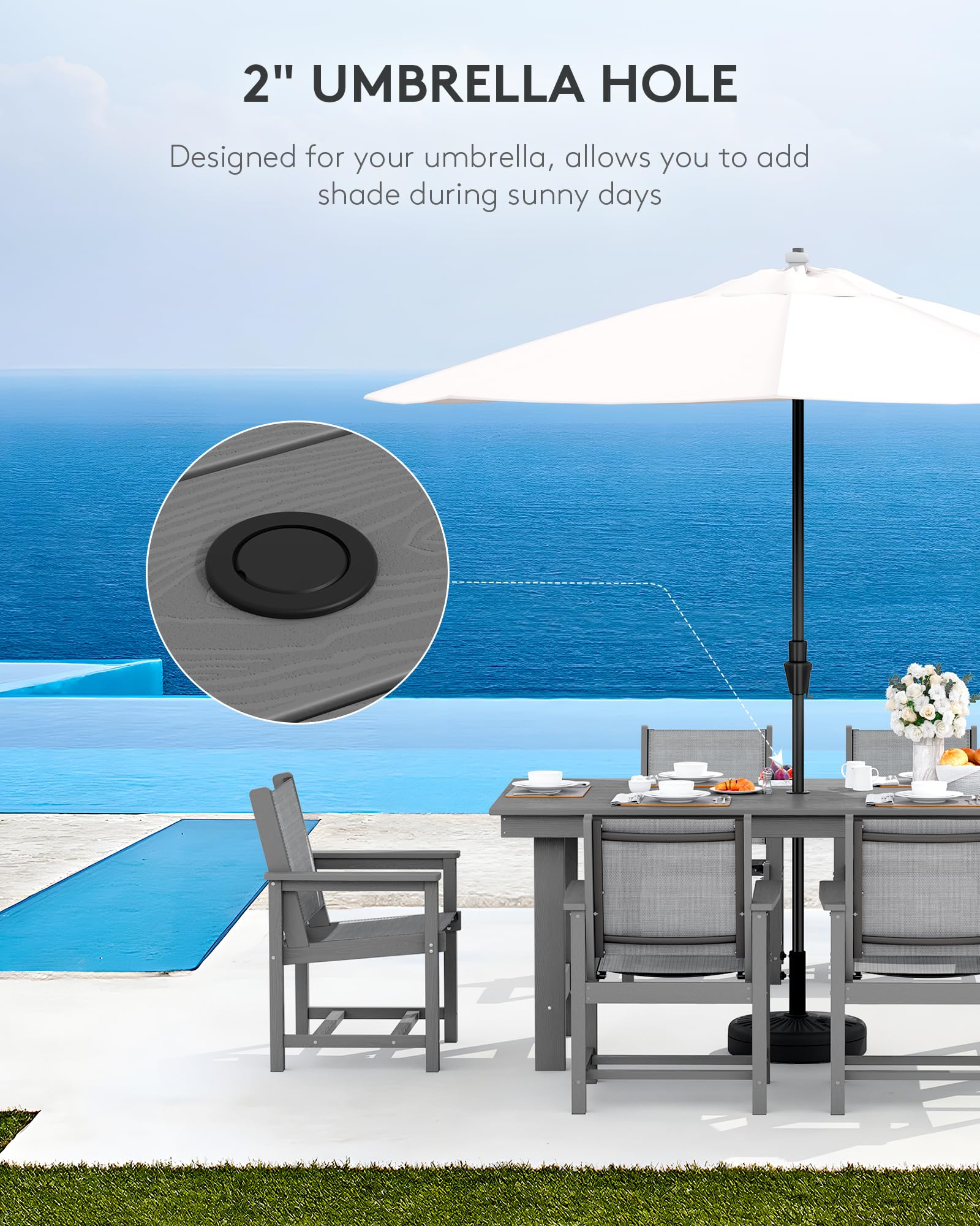 SERWALL 7 Piece Outdoor Dining Table Sets for 6 with 1 Umbrella Hole Cut-Out Rectangular Table and 6 Textilene Chairs, HDPE Dining Table Sets for Garden, Backyard, Poolside, Gray