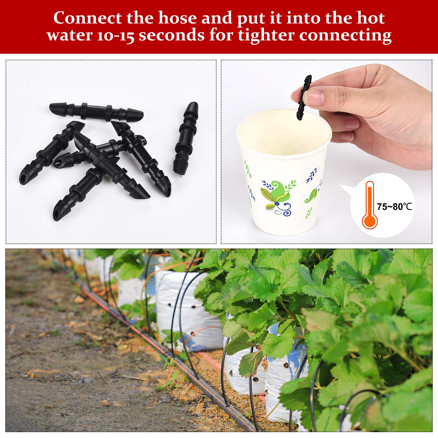 Mudder 150 Pieces Barbed Connectors Drip Irrigation 1/4" Barbed Coupling Fittings Barbed Connectors for 1/4 Inch Irrigation Tubing Drip Line Coupler for Drip Sprinkler Systems, Black