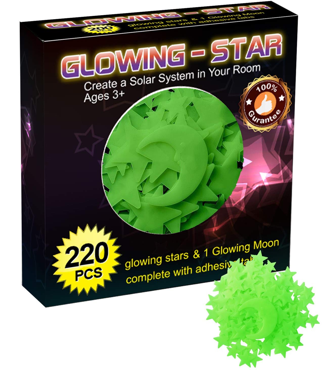 Glowing in the Dark Stars Wall Stickers - Glowing Reusable Ceiling Decors of 220 Stars and 1 Moon Set for Kids Bedding Rooms or Birthday Party