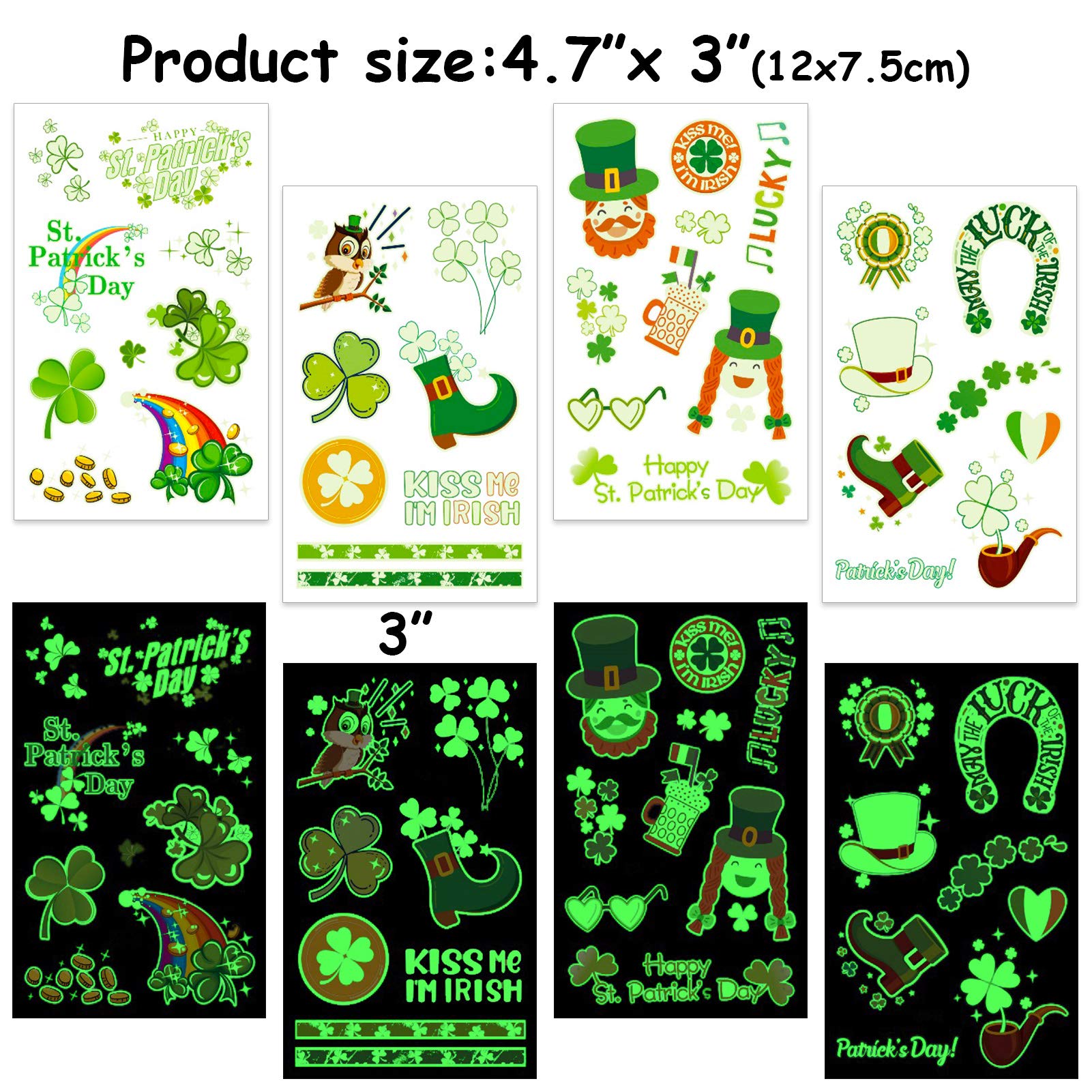 St.Patricks Day Tattoos, 12 Sheets Kids Glow in Dark Tattoos, 100+ Pcs St Patricks Day Stickers, St. patrick's Day Temporary Tattoos Shamrock, Amazing Irish St Patricks Day Decorations Party Favors