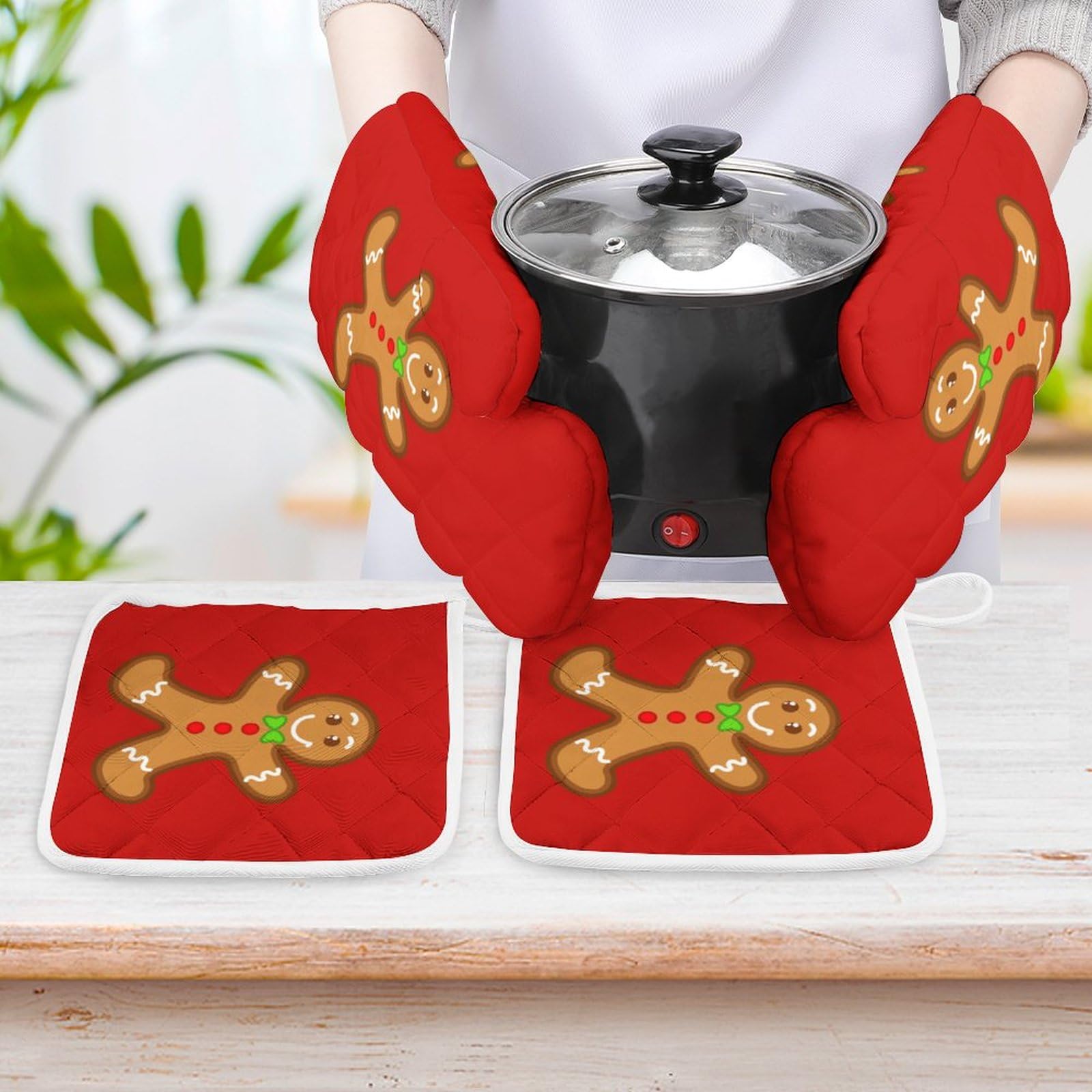 4PCS Oven Mitts and Pot Holders Sets, Sweet Xmas Gingerbread Red Oven Mitts Set Heat Resistant Kitchen Microwave Gloves Safe for Baking,Cooking, BBQ