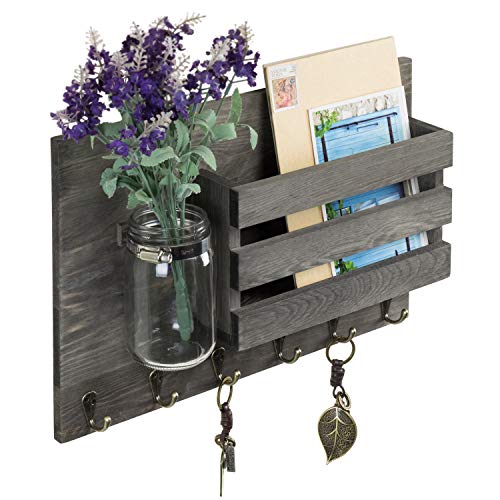 MyGift Vintage Gray Wood Key and Mail Holder for Wall Rack with 6 Hooks and Decorative Mason Jar Vase