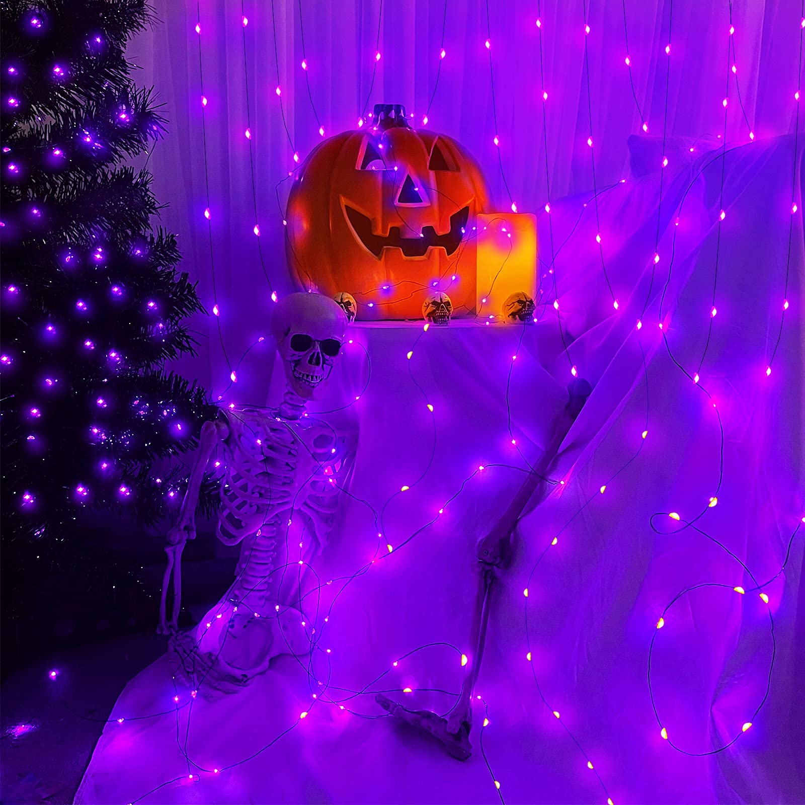 3 Set Halloween String Lights with Timer, Purple Battery Powered Copper Wire Fairy Lights, Halloween Decoration Outside Yard Party Home Indoor Outdoor, 33 Ft 100 LED Each