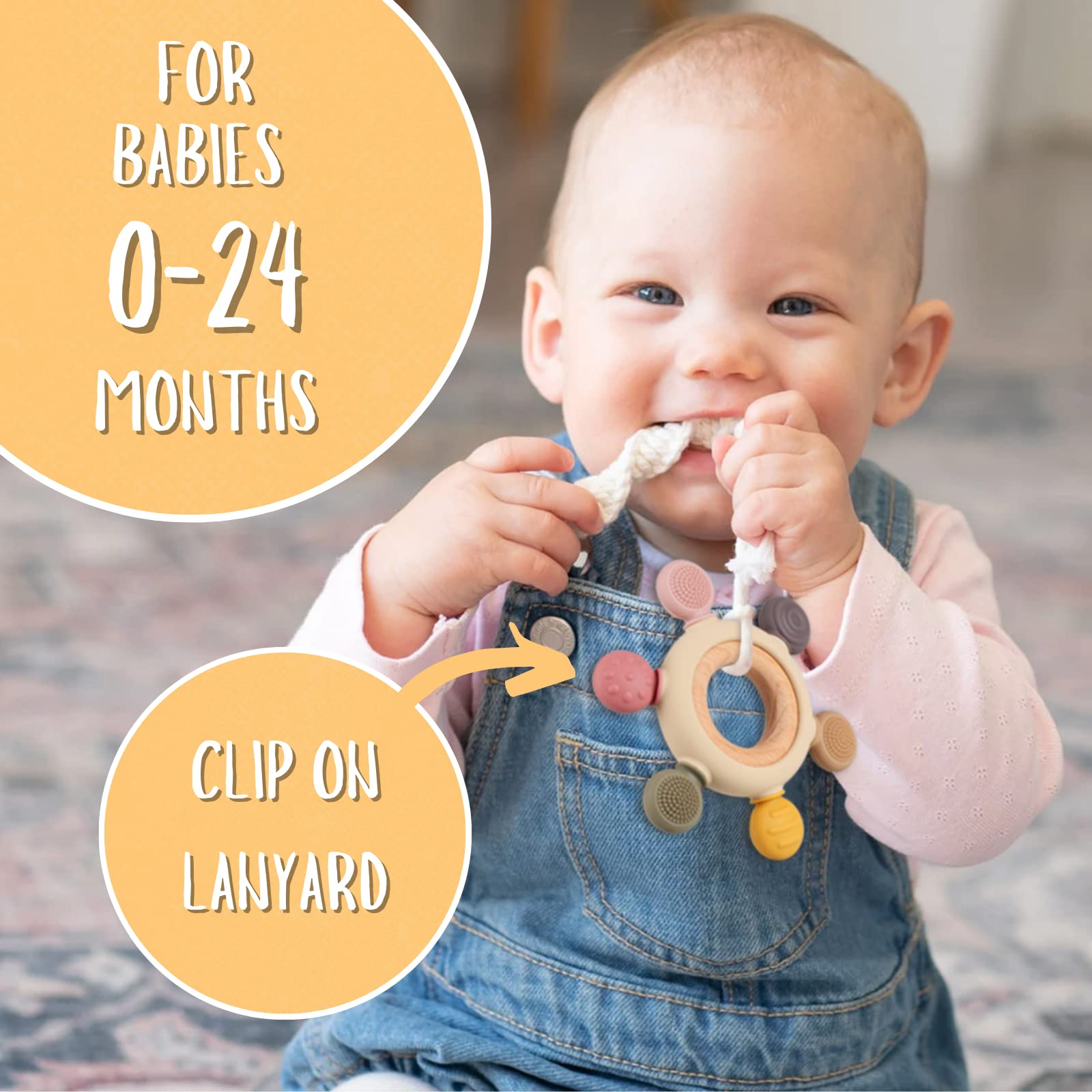 Baby Teething Toys, Silicone Chewable Teethers with Wooden Ring for Soothing Babies Gums, Rudder Chewers Shower Gift for lnfants & Toddlers, 3+ Months (6 Directions, Gray)