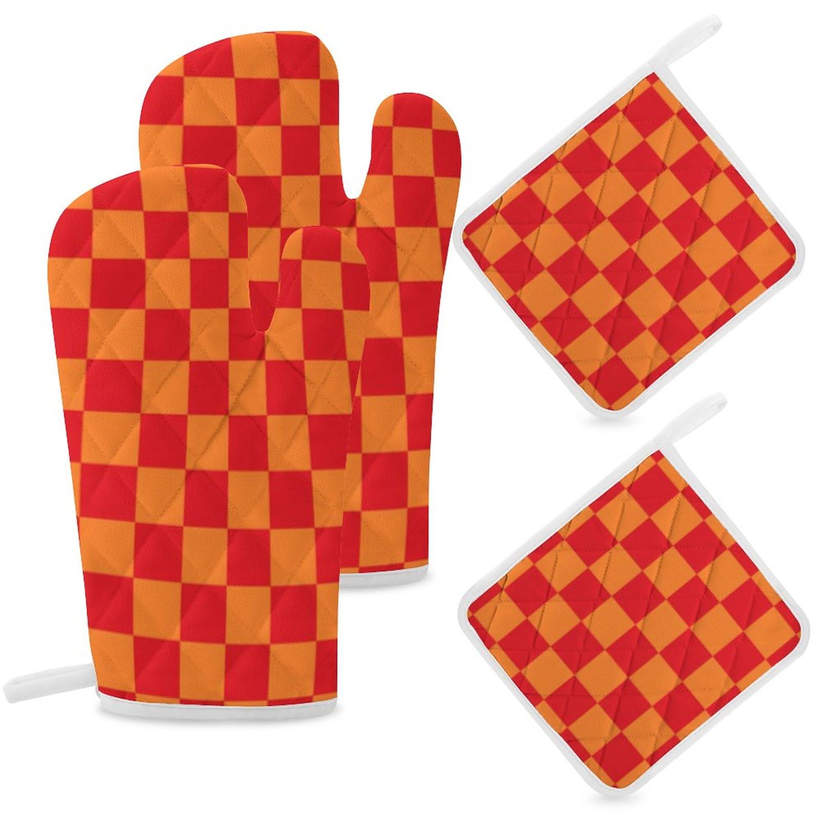 4Pcs Oven Mitts and Pot Holders Set, Checkered Red and Orange Oven Mitts Gloves Set Heat Resistant Hot Pads for Kitchen Cooking Grill