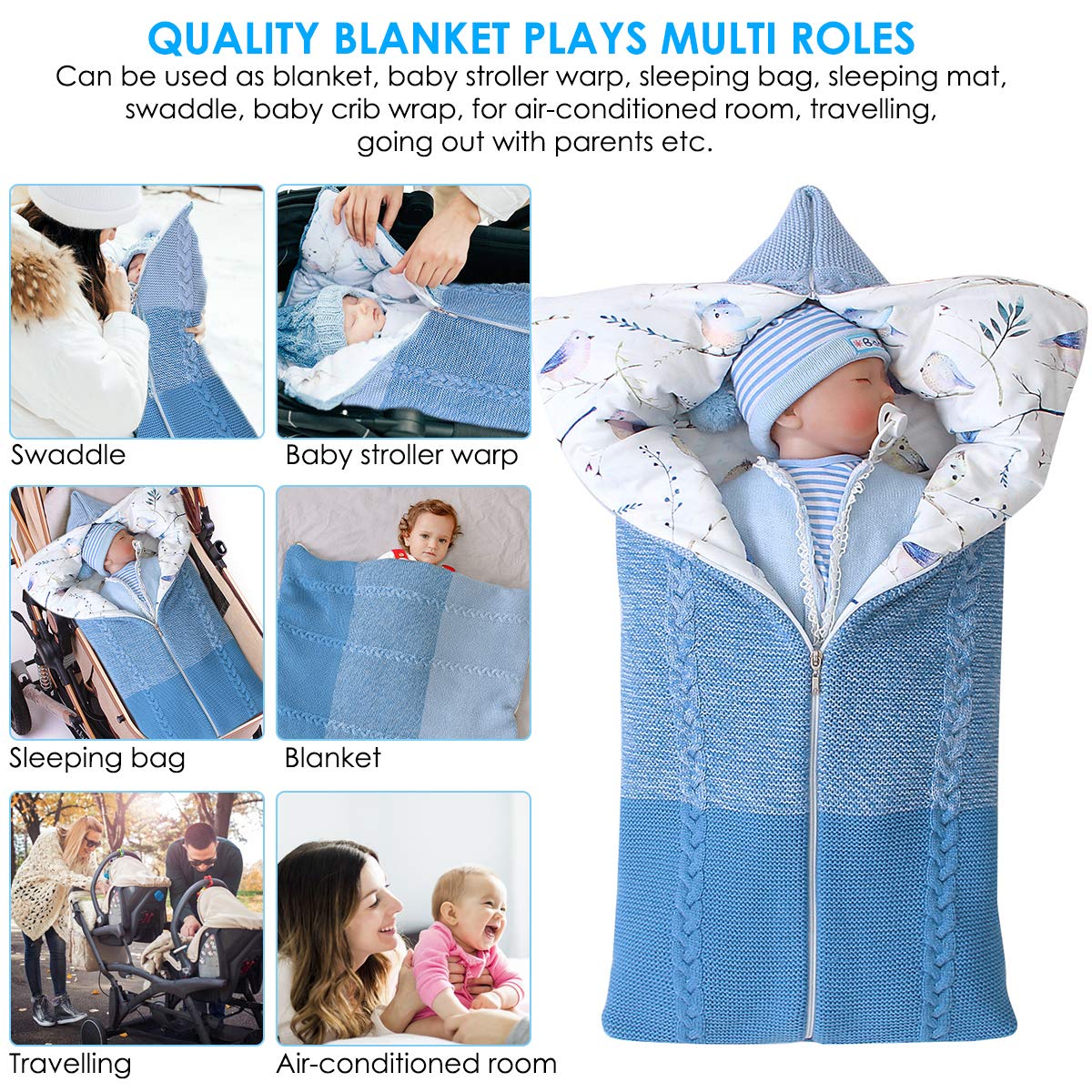Petyoung Newborn Baby Swaddle Blanket, Multifunction Stroller Wrap Sleeping Mat Thick Warm Sleeping Bag for Baby Boys Girls 0-12 Months