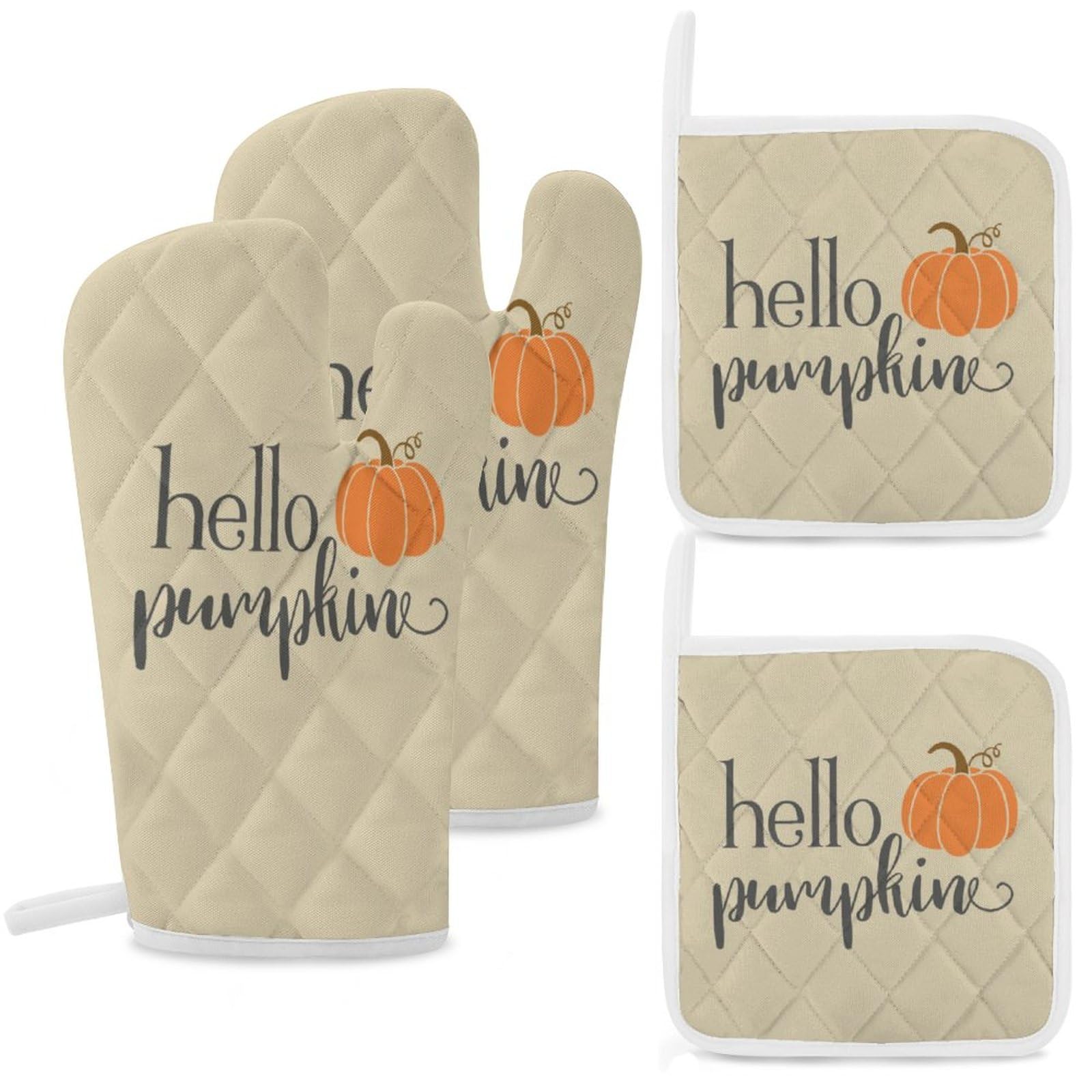 4PCS Oven Mitts and Pot Holders Sets, Hello Pumpkin Orange Harvest Fall Beige Oven Mitts Set Heat Resistant Kitchen Microwave Gloves Safe for Baking,Cooking, BBQ