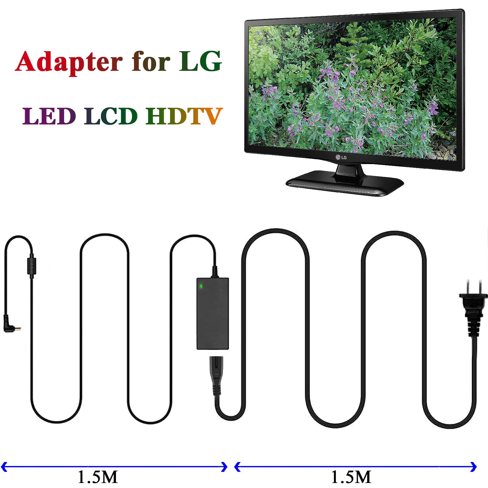 TYZEST 19V Ac Adapter for LG Electronics 19'' 20'' 22'' 23'' 24'' 27'' LED LCD Monitor LED LCD HDTV Widescreen Flatron IPS236V IPS236-PN E2750VR-SN Replacement Power Supply Charger Cord 9.84 FT