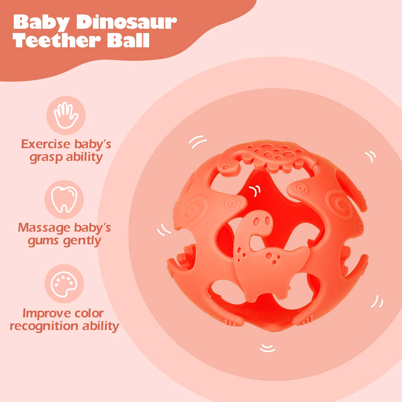 Baby Teething Toys for 3+ Months, Dinosaur Teethers for Babies, Safe Baby Teether Ball, Baby Teething Pacifier, Soft and Durable Teething Balls, (Red)