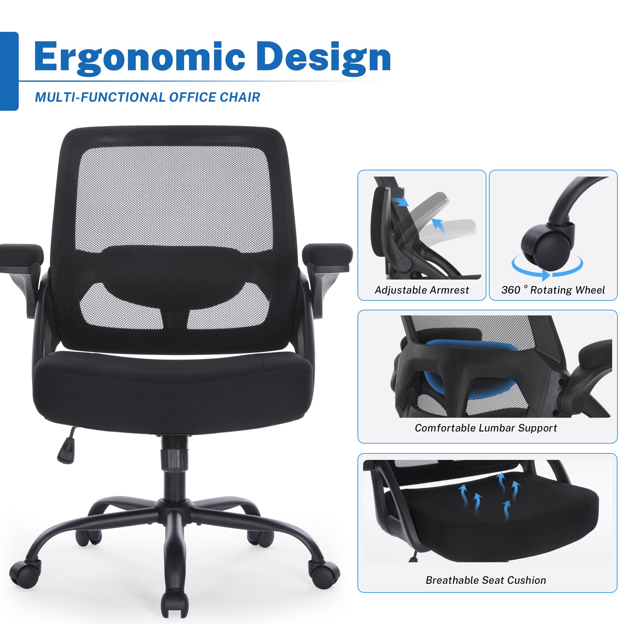 400lb Big and Tall Office Chair, Mesh Heavy Duty Desk Chair, Flip Arms Plus Size Ergonomic Computer Chair Extra Wide Seat, Executive Home Office Rolling Swivel Task Chairs for Heavy People