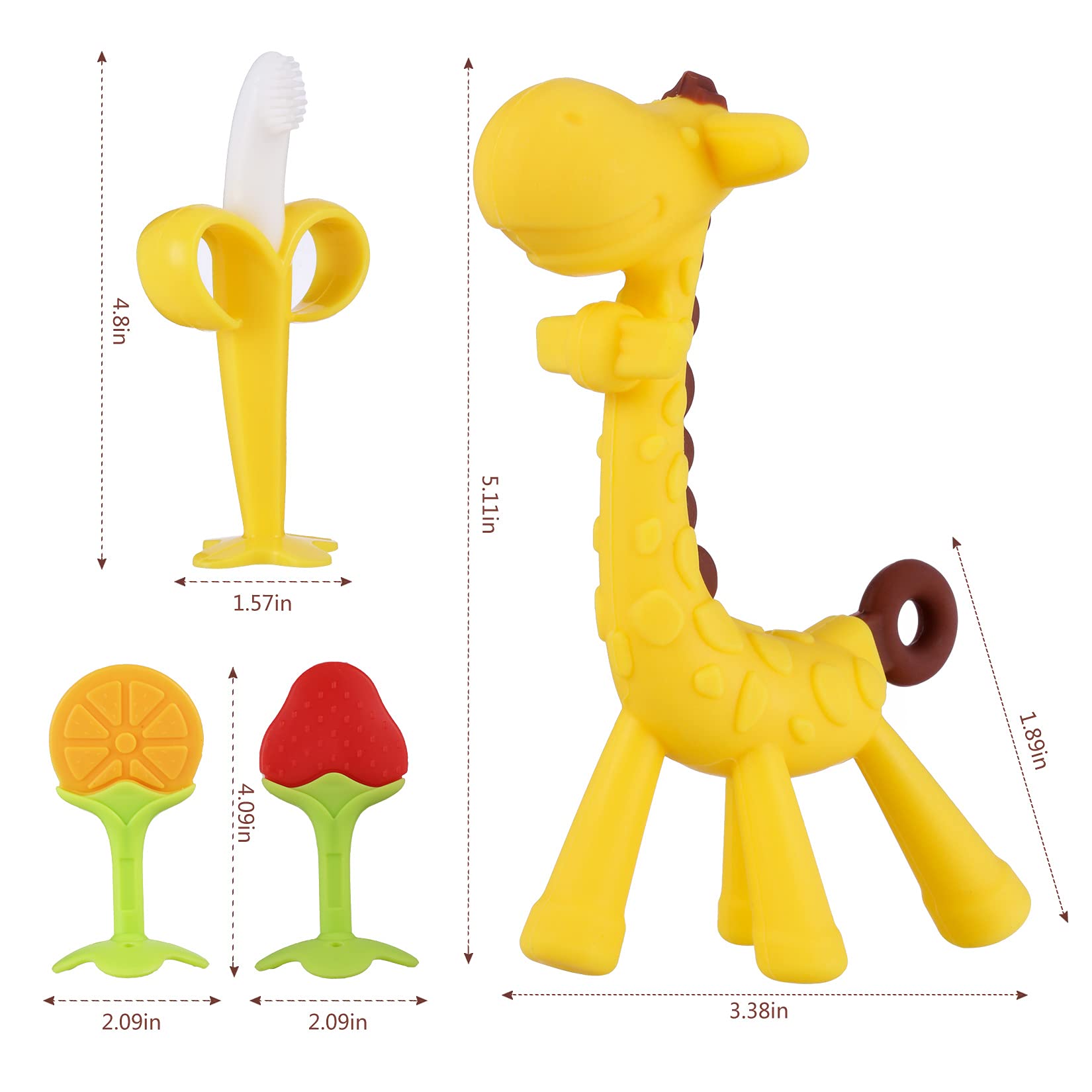 Baby Teething Toys for Newborn (4-Pack),Baby Chew Toys Teething Freezer Set Soothing Baby, Toddler Silicone Banana Toothbrushes Fruit Giraffe Teethers Soothe Babies with Storage Case Set