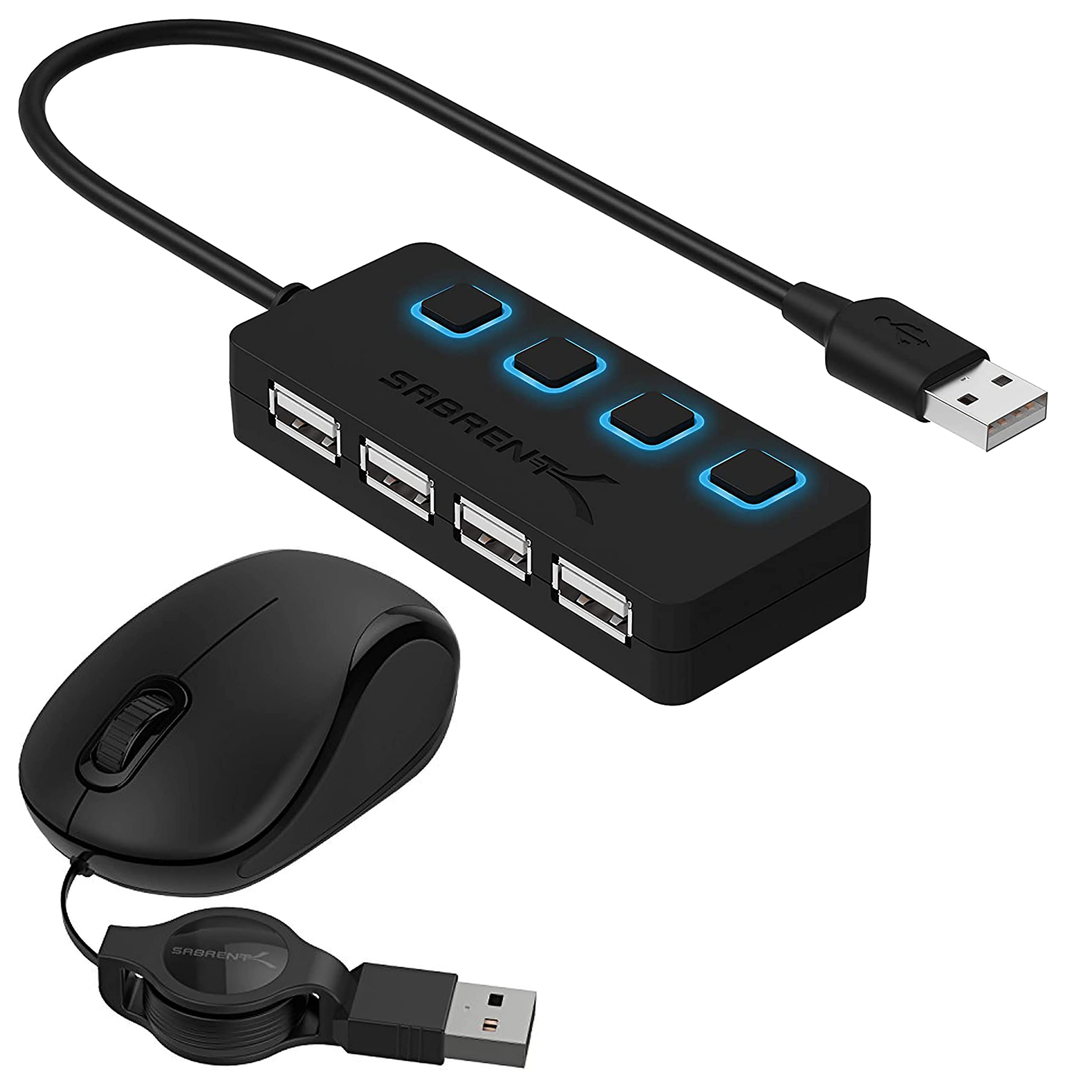 4-Port USB 2.0 Data Hub with Individual LED lit Power Switches [Charging NOT Supported] for Mac & PC with Mini Travel USB Optical Mouse with Retractable Cable for Computers and laptops | Mac & PC Comp