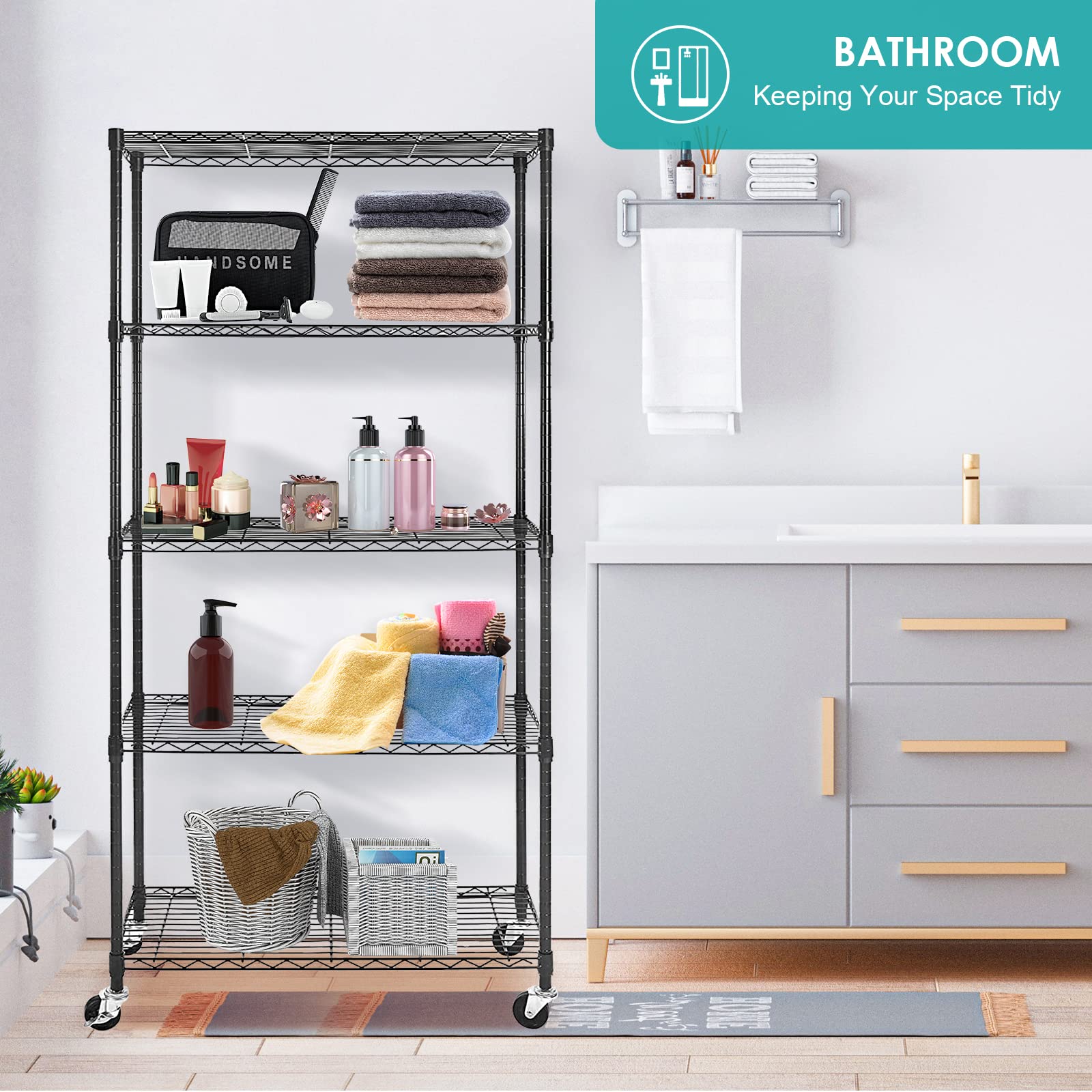5 Tier Wire Shelving Rack with Wheels, 5 Tier Black Shelving Unit with NSF Certified, Adjustable Rolling Storage Metal Shelves, 18"D X 35.5"W X 71"H, 330Lbs Capacity, For Kitchen, Pantry, Garage