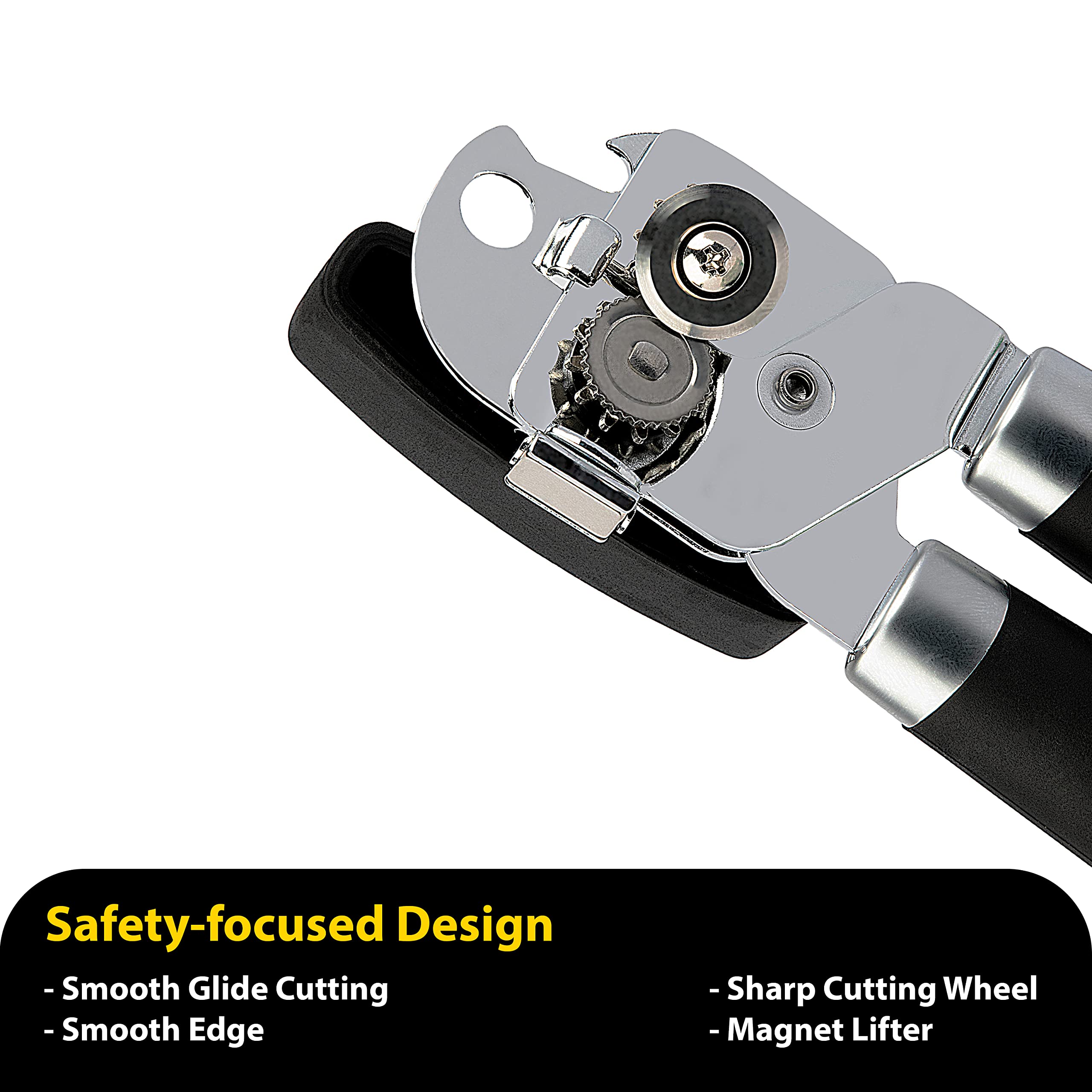 AHRAM Manual Can Opener, Sharp and smooth glide cutting wheel, With magnet lefter, Safe edge, Made with heavy duty materials, With additional glide cutting wheel as a spare part, With a bottle opener