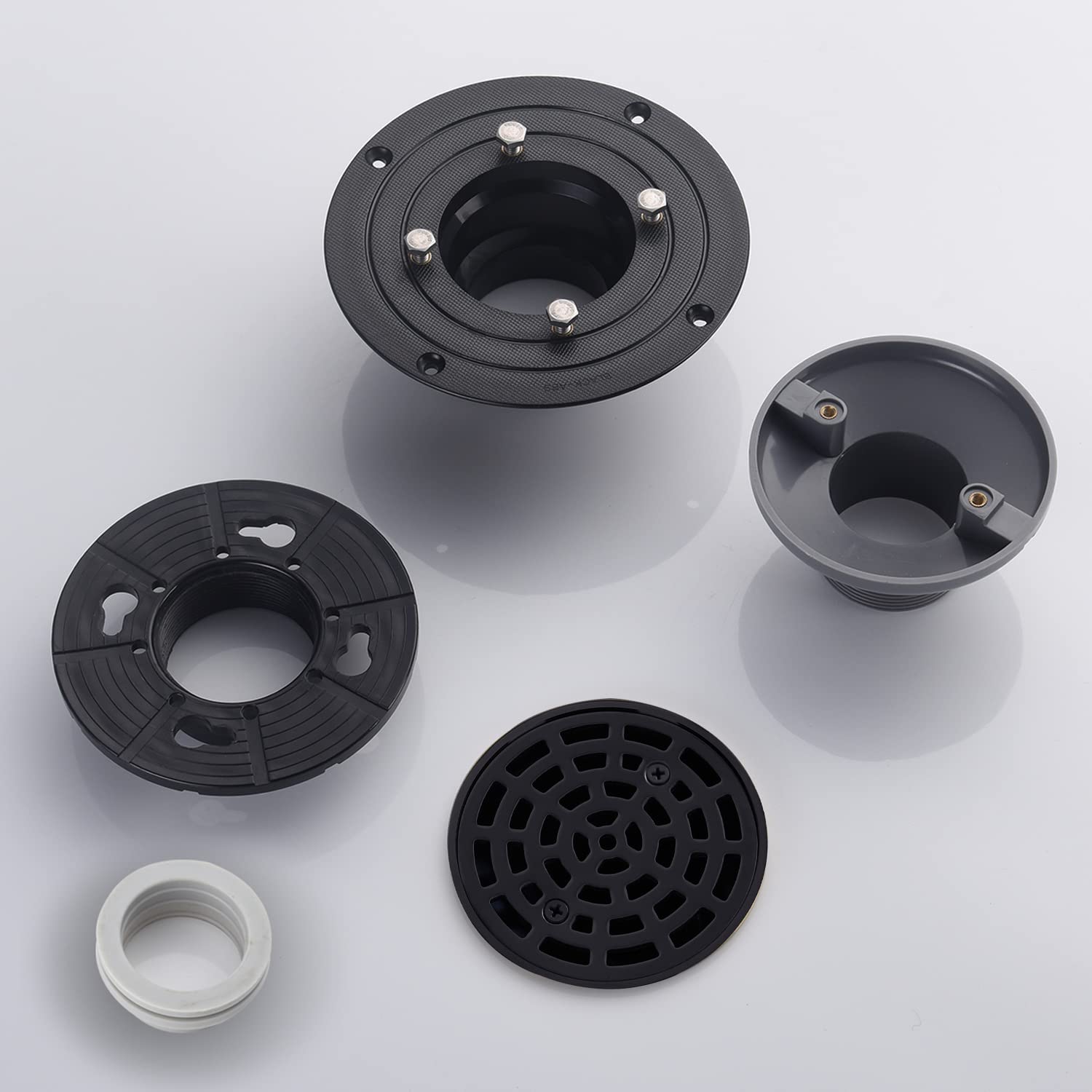 DEOKXZ 4 1/4" Shower Drain Round Black, Removable Grille Strainer Screws in Drain Cover, Base with Adjustable Drain Flange Kit PVC, SUS304 Stainless Steel