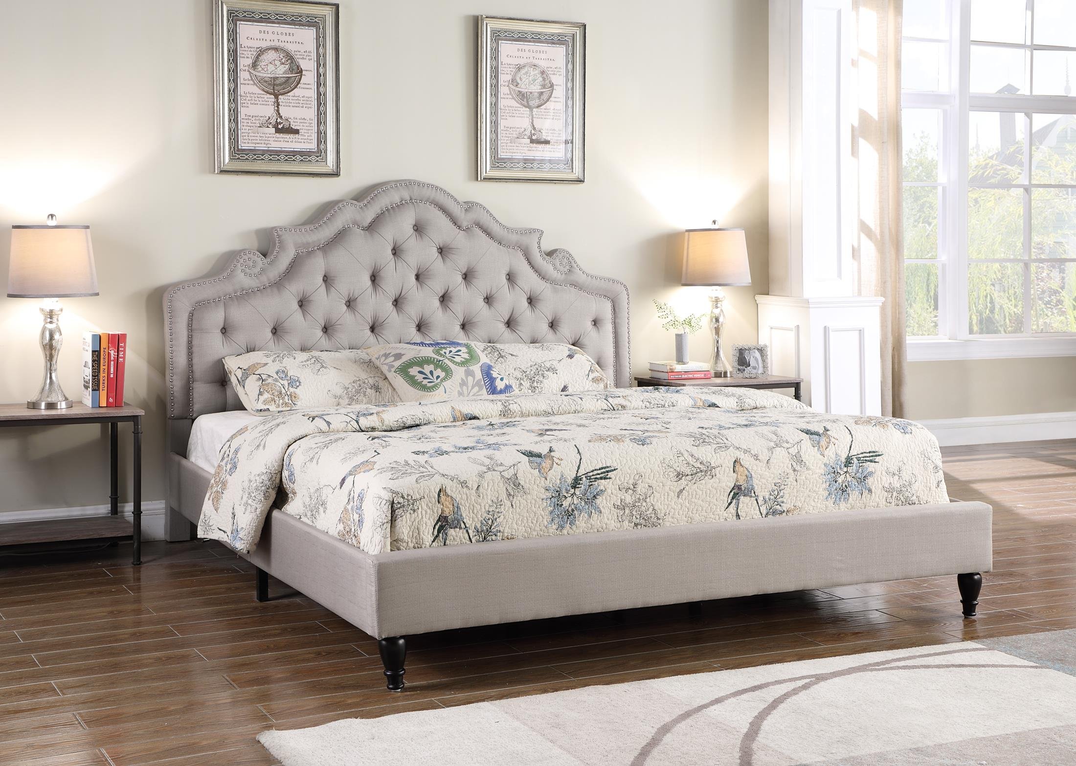 HomeLife Premiere Classics 51" Tall Platform Bed with Cloth Headboard and Slats - Queen (Light Grey Silver)