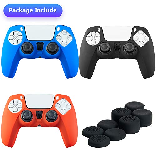 3 Pack Silicone Controller Skin Cover, Anti-Slip Protector Case for Sony PS5 Playstation 5 Controller with 8 Thumb Grips (Black Blue Red)
