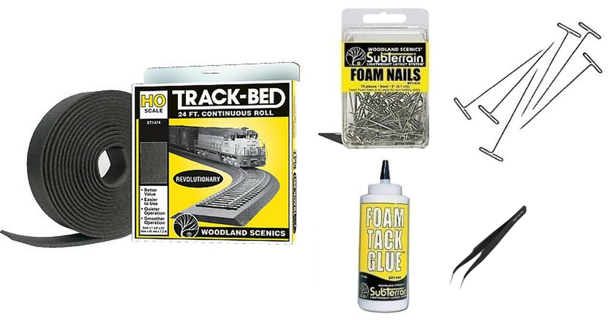 Woodland Scenics HO Scale Track-Bed 24' Roll, Foam Nails, and Foam Tack Glue - with Make Your Day Curved Tweezers