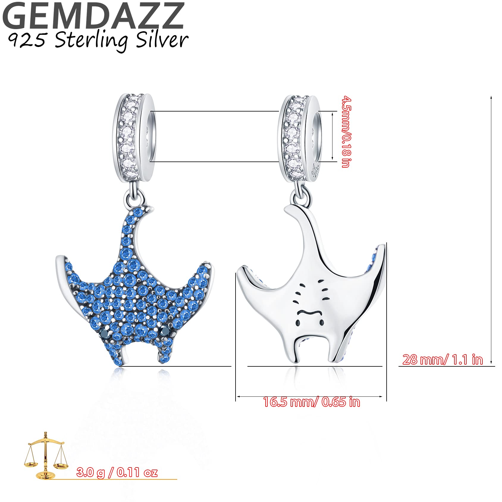 3D Devil Manta Ray Fish Charms, Charm fits Pandora Ocean Animal Bracelet, 925 Sterling Silver Sparkling Pave Blue CZ Pendant Beads, Gift for Hawaii Vacation/Christmas/Birthday