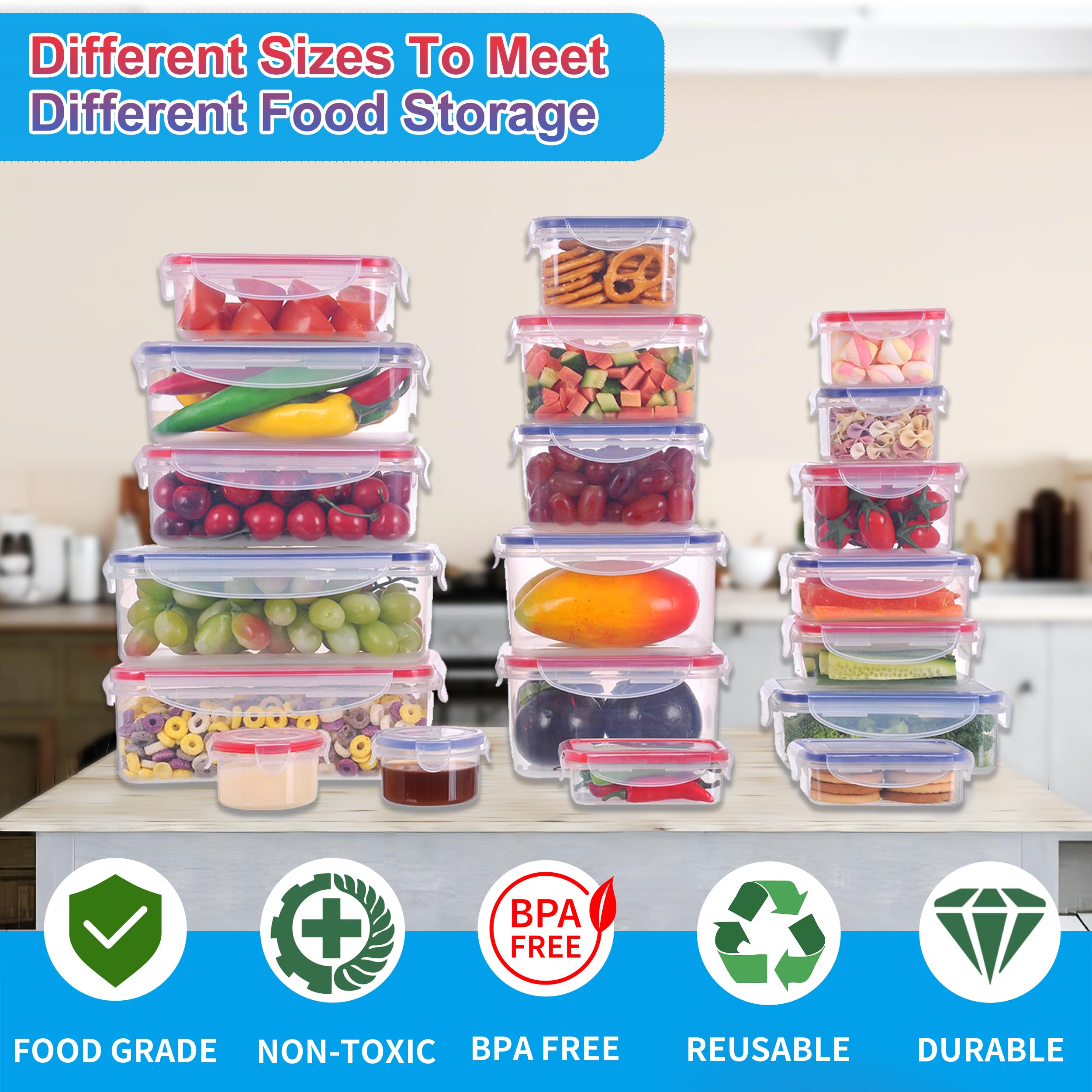 52-Piece Large Food Storage Containers with Lids Airtight, Health Material 85oz Leakproof Reusable Plastic Storage Containers, for Lunch, Meal Prep, and Leftovers, Kitchen Organizer, Freezer Container