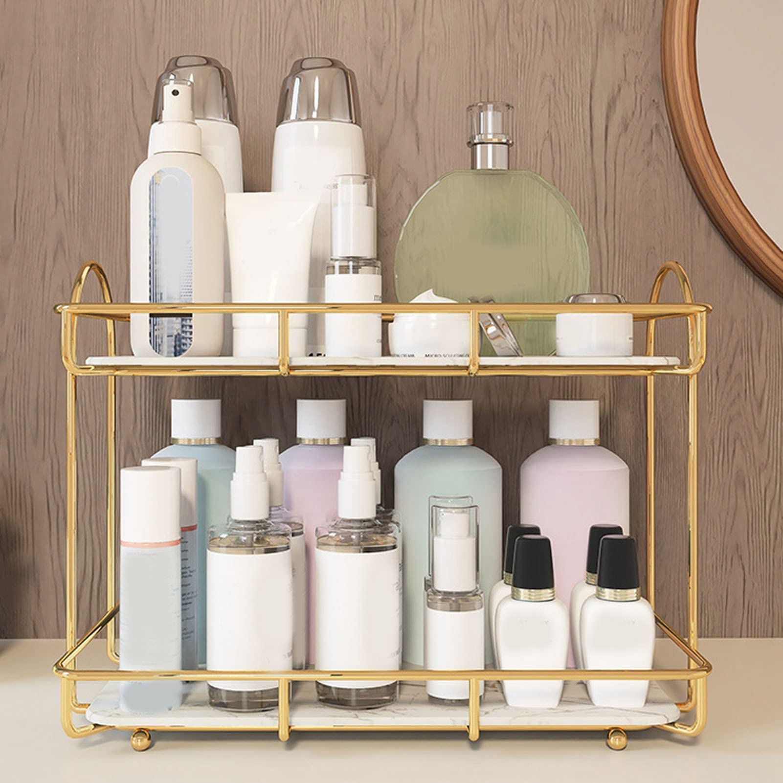 Cosmetic Storage Shelf, 2 Tier Bathroom Countertop Rack, Large Capacity Waterproof Gold Metal Storage Shelf Rack for Bathroom Kitchen Bedroom