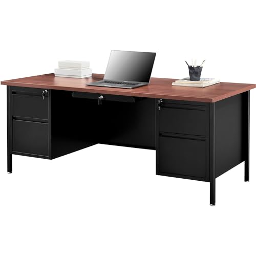 Global Industrial 72"W x 30"D Steel Teachers Desk, Mahogany Top with Black Frame