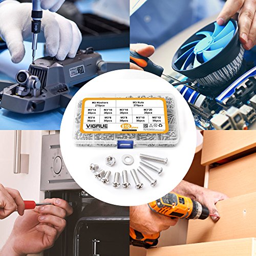 VIGRUE 810Pcs M3 x 4/6/8/10/12/14/16/18/20 mm Screw Assortment Kit 304 Stainless Steel Phillips Pan Head Machine Screws Bolts Nuts Lock Flat Washers with Storage Box