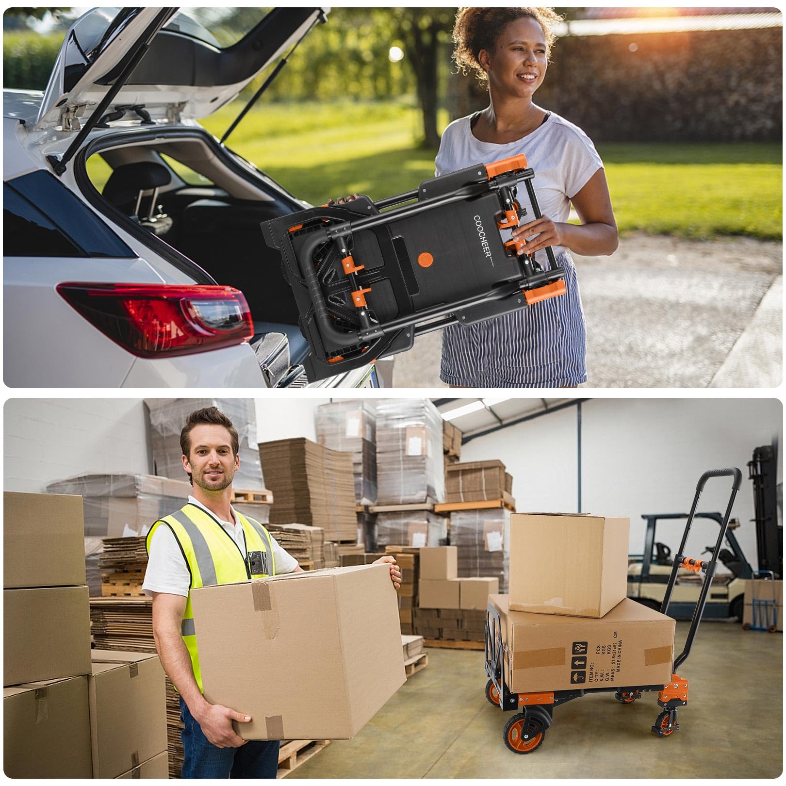 330LB Folding Hand Truck Heavy Duty Carrying, Combination of Four Wheels and Two Wheels Convertible Dolly Cart with Retractable Handle Dolly for Moving Office Carts(Orange)