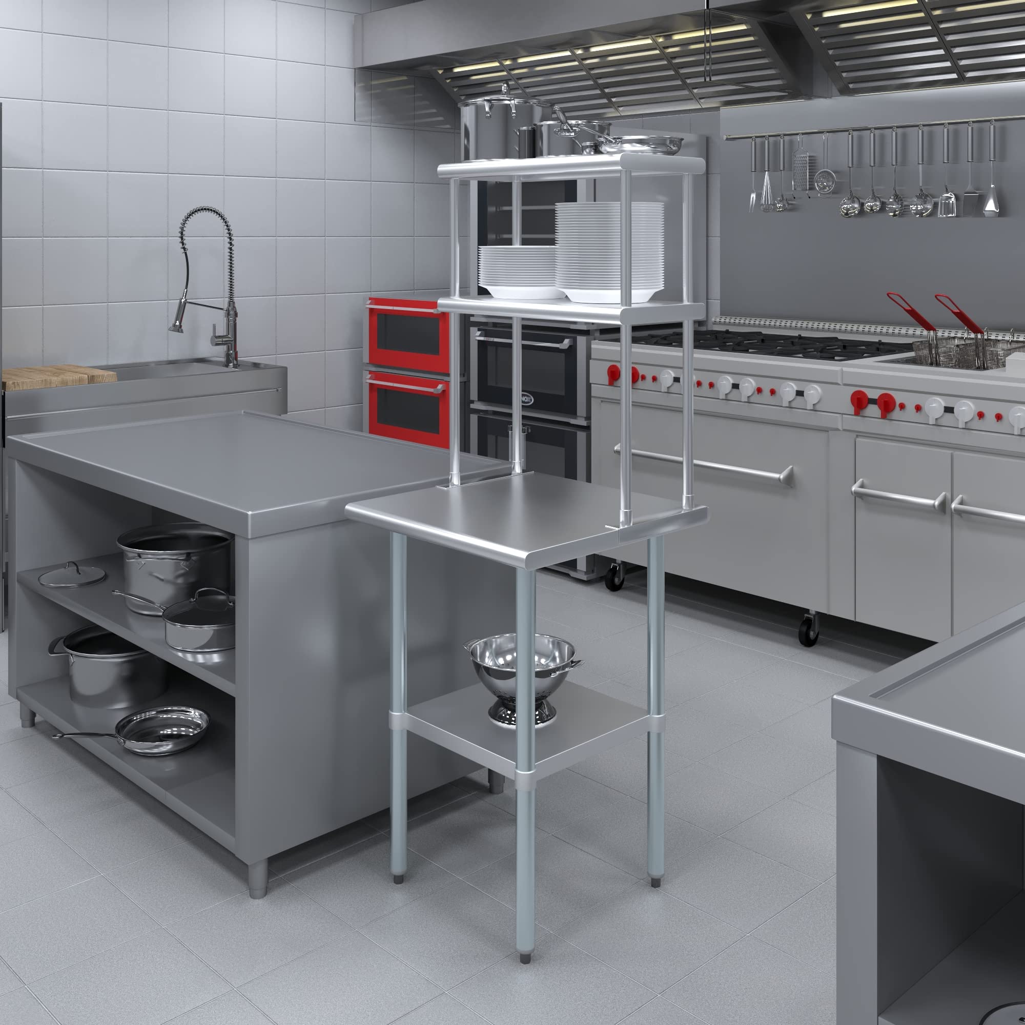 AmGood 24" x 24" Stainless Steel Work Table with 12" Wide Double Tier Overshelf | Metal Kitchen Prep Table & Shelving Combo