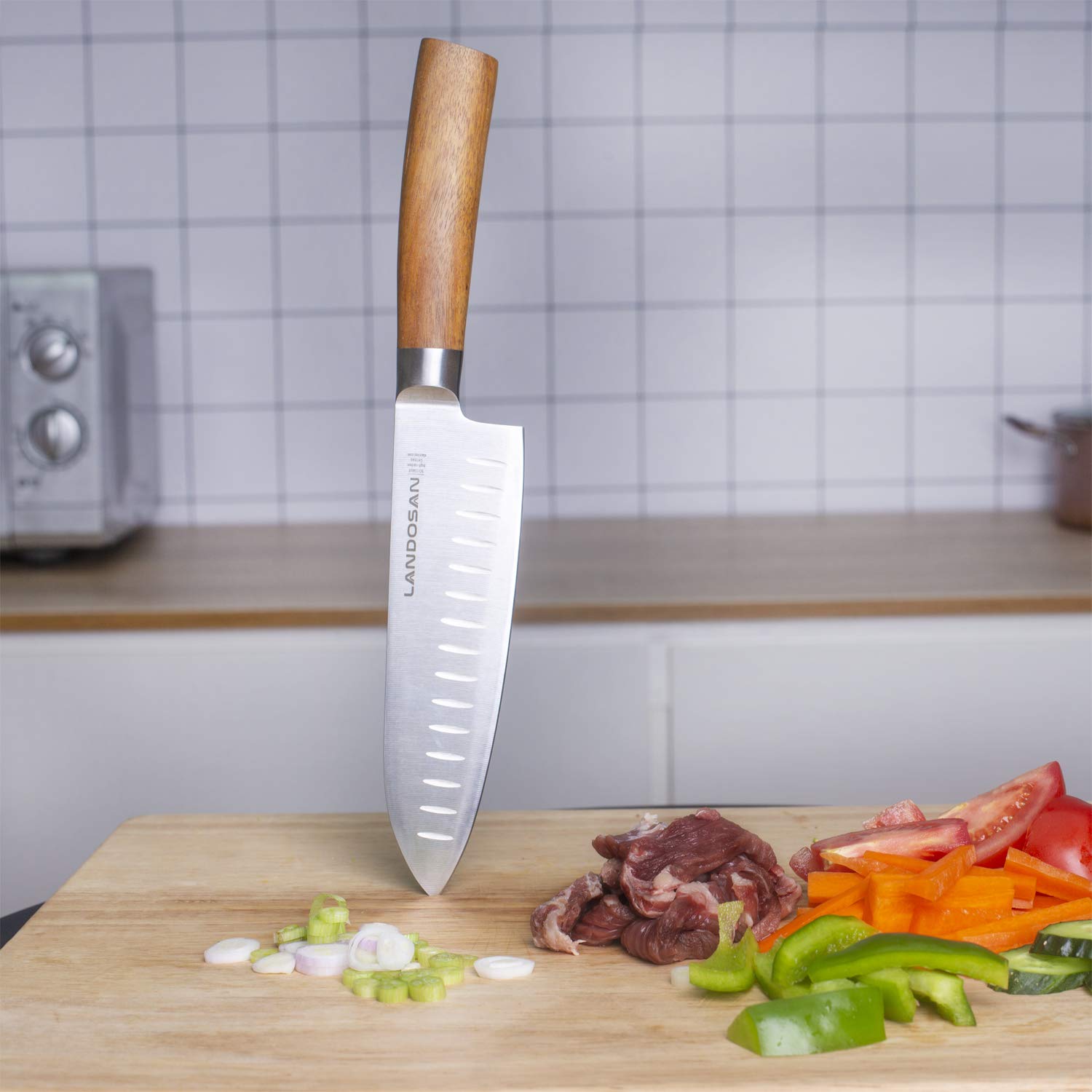 LANDOSAN Santoku Knife 7 inch Kitchen Knives Vegetable Stainless Steel Blade Genuine Wood Handle Cutlery for Home Kitchen and Restaurant…