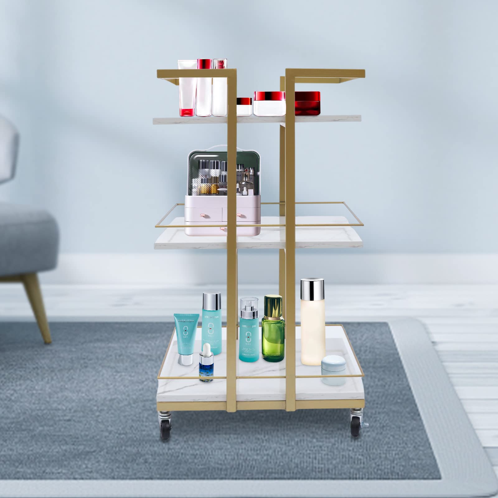 3 Tier Rolling Cart, Utility Manicure Trolley, Open Design Metal Storage Rolling Barber Cart for Kitchen, Living Room, Studio, Bedroom, Balcony, Universal Wheels with Lock
