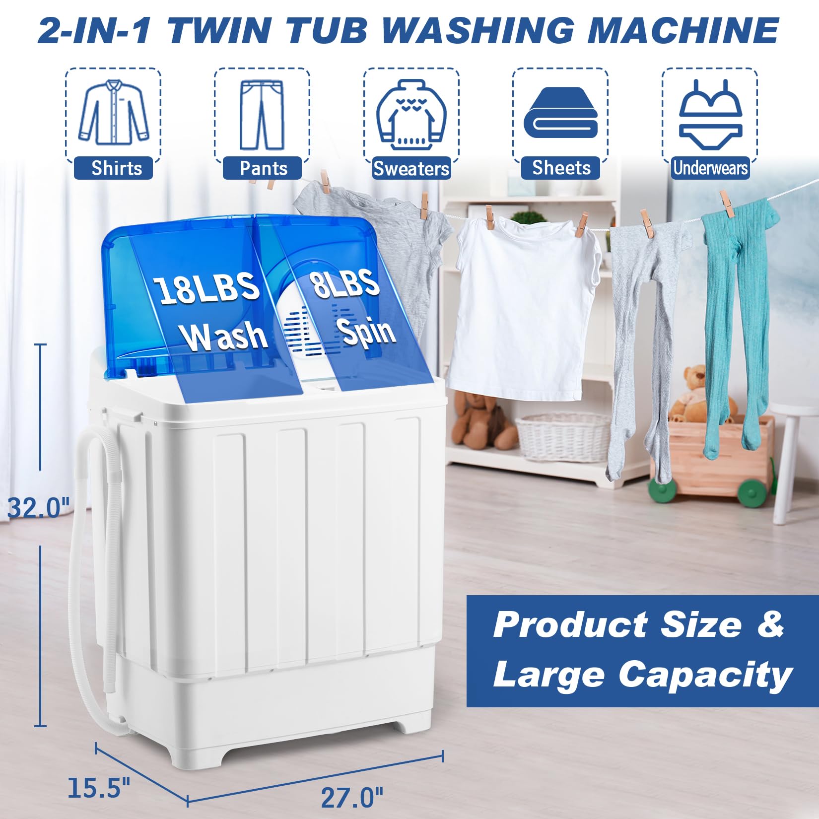 Avocahom Portable Washing Machine, 26/28Lbs Capacity Twin Tub Washer and Dryer Combo, Mini Compact Laundry Machine w/Control Knobs, Built-in Drain Dump & Timer Control, for Home/RV/Dorm/Apartment
