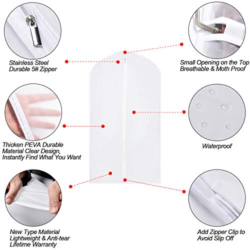 Hanging Garment Bags Cover 24''X48'' Lightweight Clear White Suit Protector Cover (Pack of 6) with Study Full Zipper for Suit Clothes Storage Closet (24''X48'', White)
