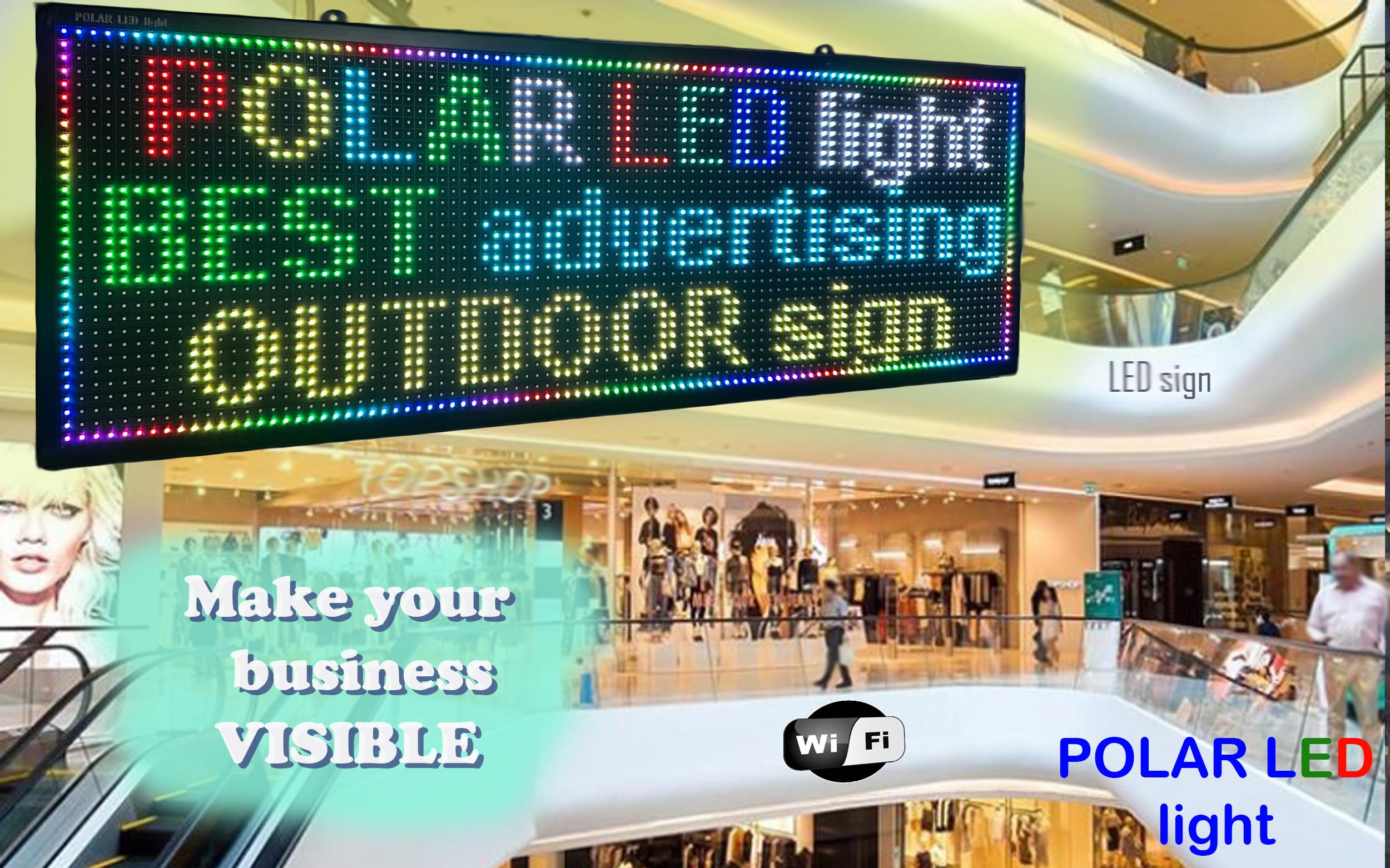 WiFi P6 high Resolution LED RGB Color Sign 40" x 11" with high Resolution P6 128x32 dots and New SMD Technology. Perfect Solution for Advertising