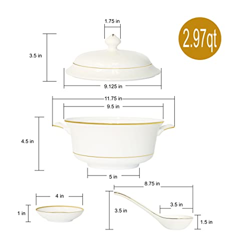 Bone China Soup Tureen with lid, ladle and spoon rest, 2.97QT, Gold Rim, 4PC set, Big Serving Bowl, Elegant Ceramic Porcelain, White, Translucent, Modern, Simple and resistant, Greeting dinnerware