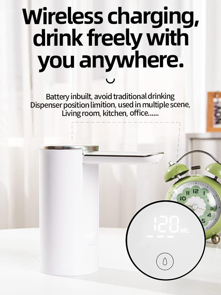5-Gallon Water Dispenser, Universal Portable Water Bottle Pump, USB Charging and Foldable Storage, Suitable for Home Use,Camping, Office, Garage, Etc. (White)
