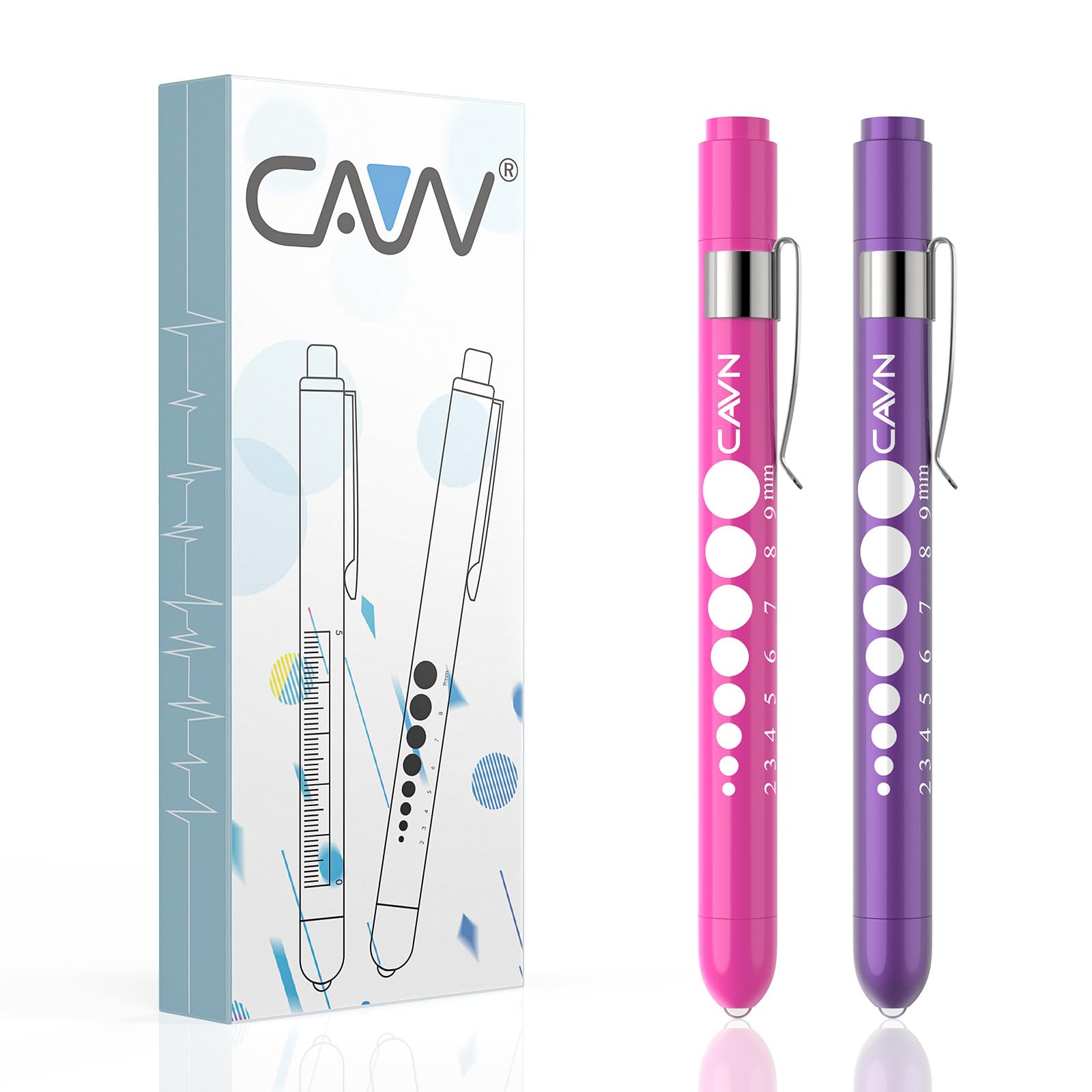 CAVN Pen Light with Pupil Gauge LED Penlight for Nurses Doctors, 2 Pcs Reusable Medical Penlight for Nursing Students (Purple/Pink)