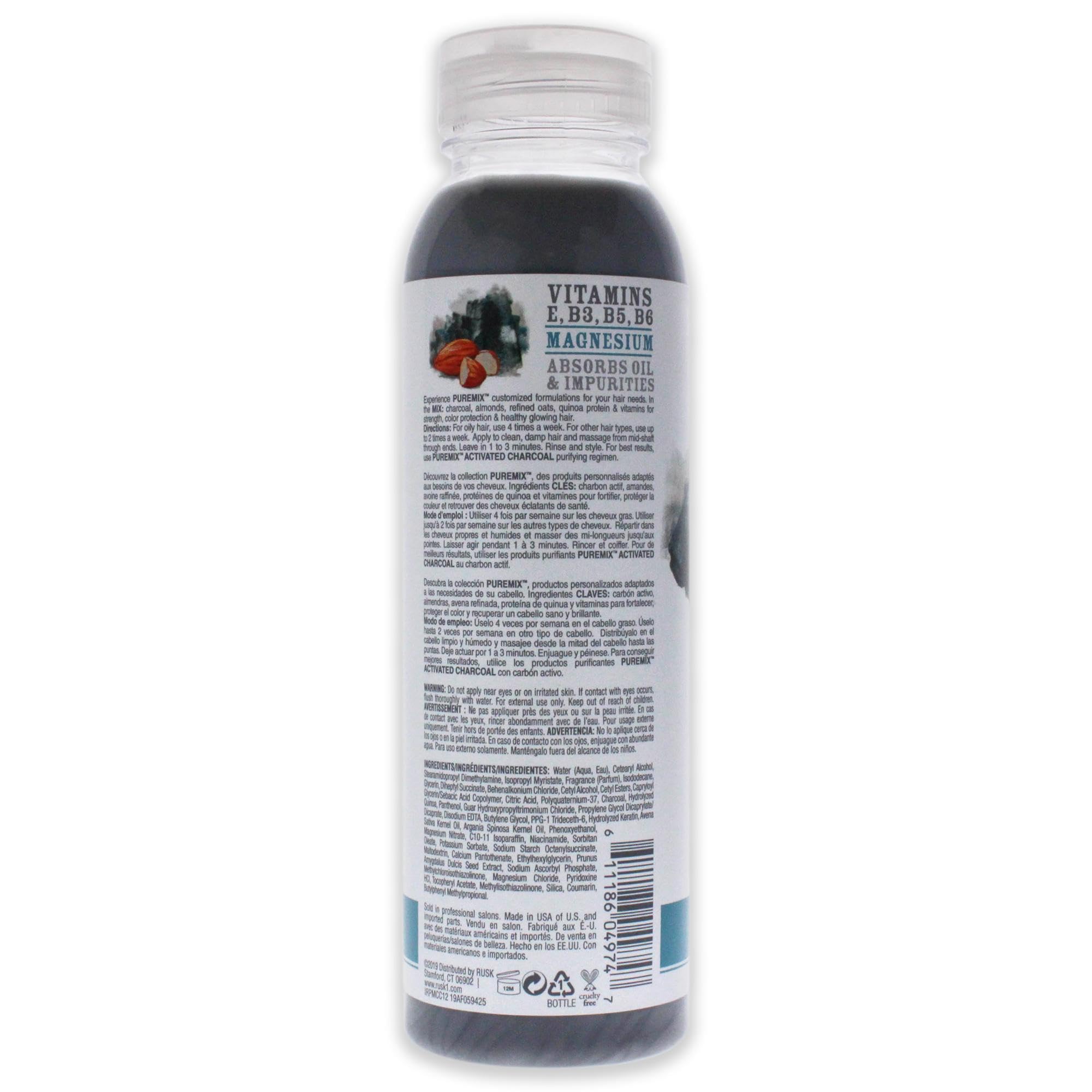 RUSK Puremix Activated Charcoal Purifying Conditioner, Cleanses and Absorbs Excess Oil, Dirt, and Gunk Without Stripping Natural Oils, 12 oz.