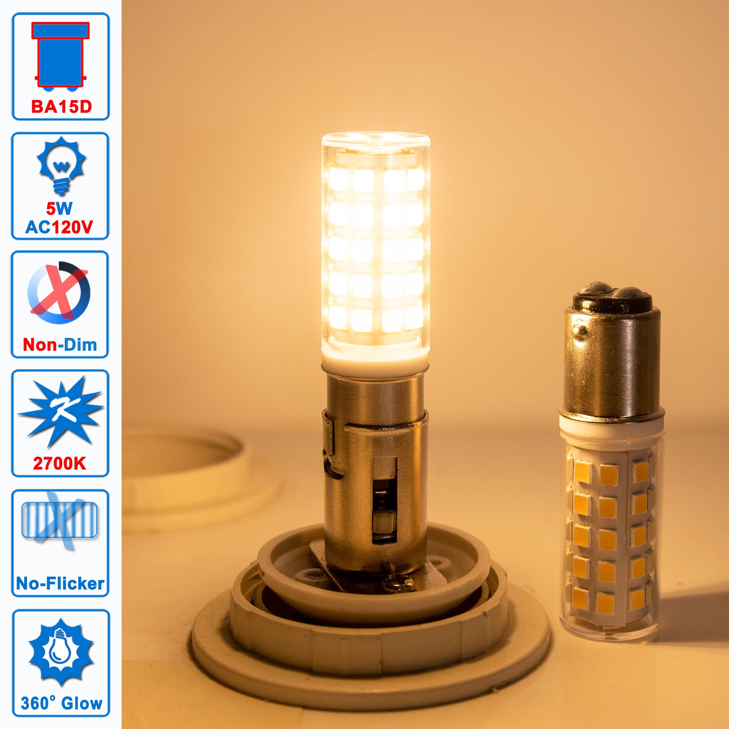 Ziomitus BA15D 120 Volt Double Contact/DC Bayonet Base Led Light Bulbs 50 Watt-75 Watt Replacement, T3/T4/C7/S6, 2700K Soft Warm White BA15D 5W Led Sewing Machine Bulbs, Non-dimmable, 5Pack