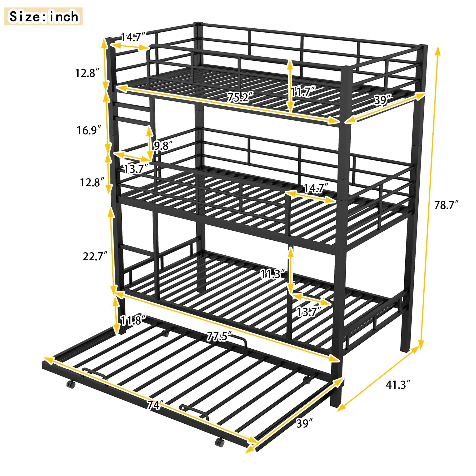 RuiSiSi Triple Twin Metal Bunk Bed with Trundle, 3 Twin Bunk Beds for Kids with Ladder, Can Be Divided Into 2 Beds, Heavy Duty Frame(Black)