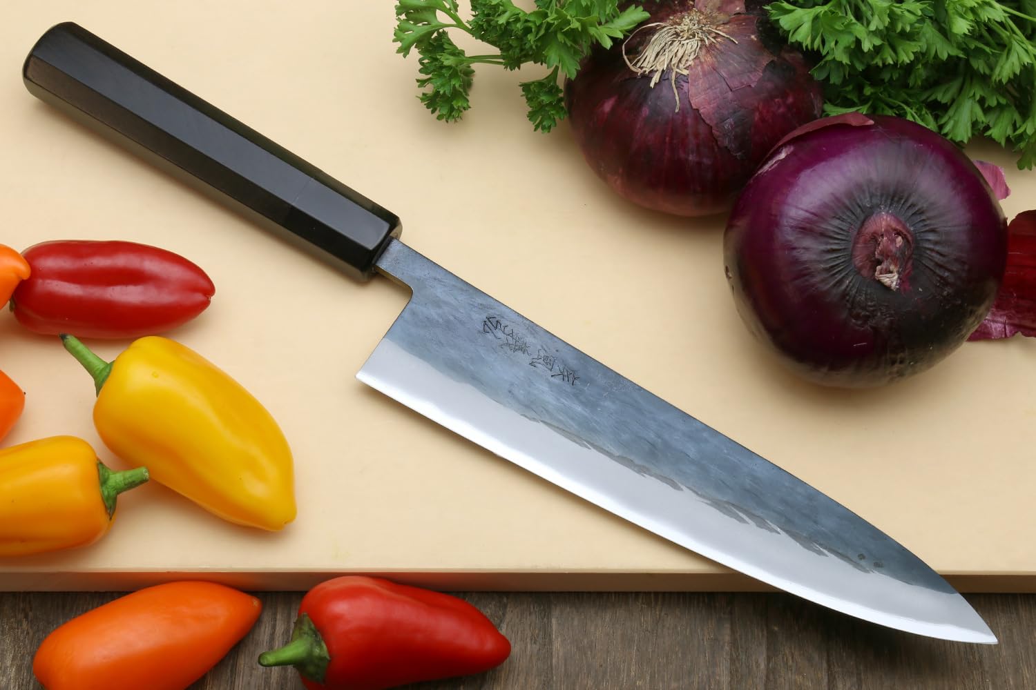 Yoshihiro Kurouchi Black-Forged Blue Steel Stainless Clad Gyuto Chefs Knife Ebony Handle (9.5'' (240mm) & No Saya)