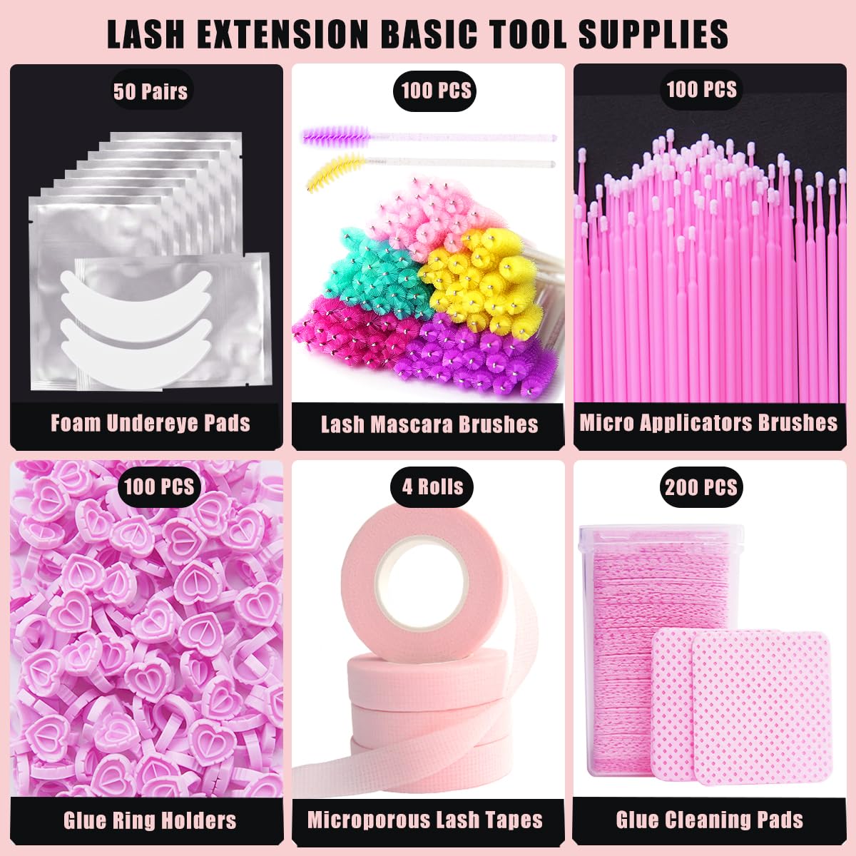 554 PCS Professional Lash Extension Supplies Kit with 50 Pairs Foam Lash Pads, 100 Lash Brushes,100 Micro Applicators, 100 Lash Glue Rings, 200 Glue Wipes, 4 Lash Tapes for Eyelash Extensions